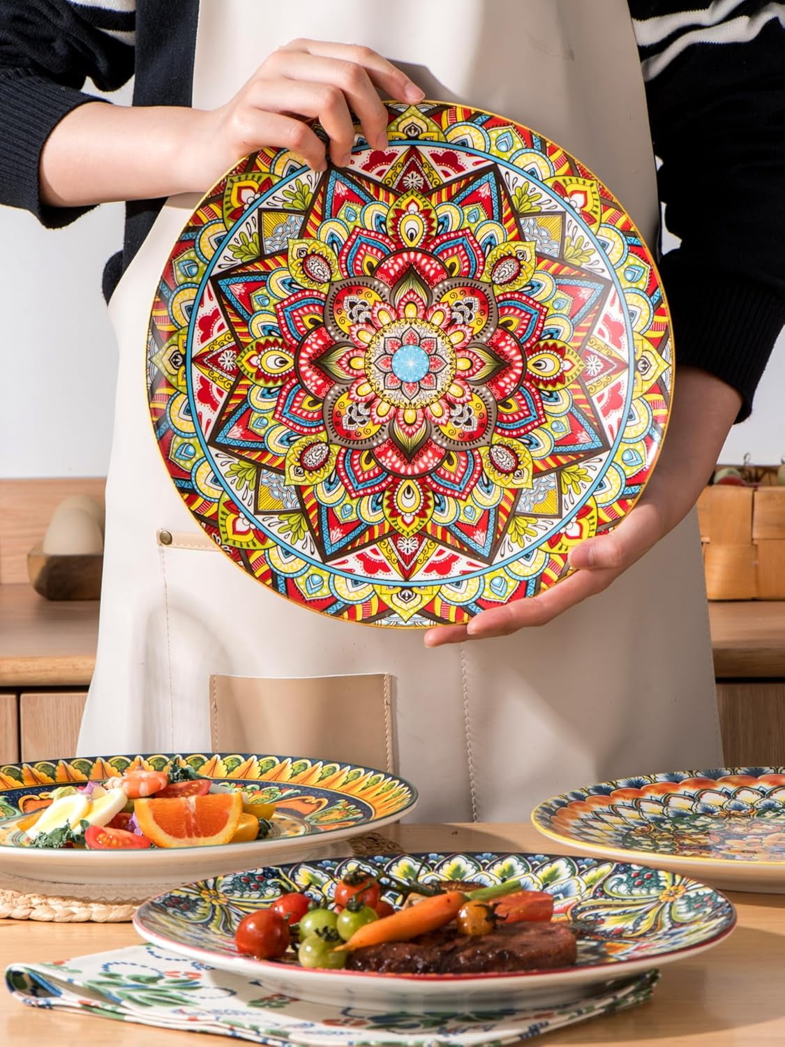 Colorful Bohemian Ceramic Dinner Plates Set of 6, 10.5 Inch Porcelain ...