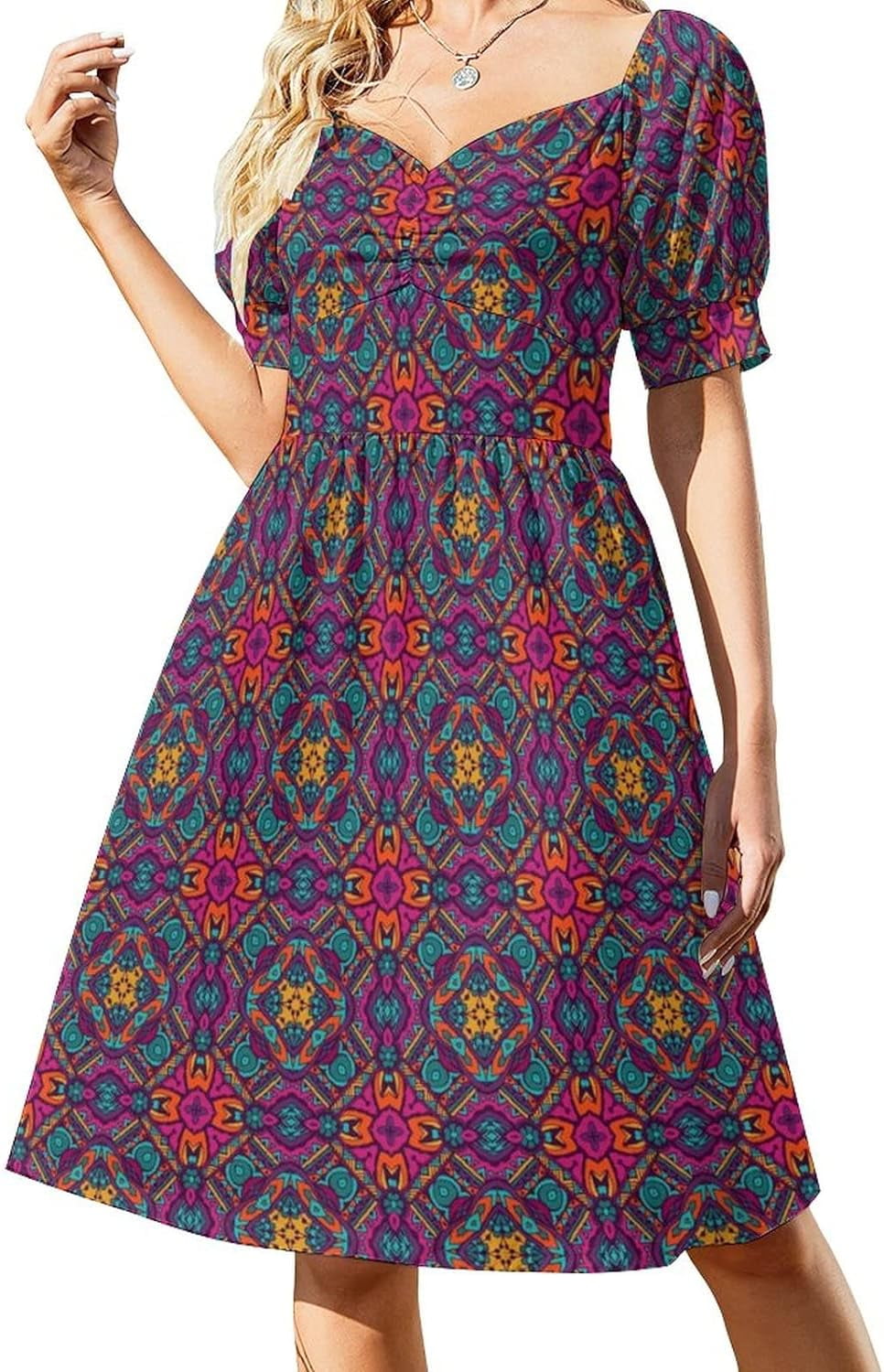 Colorful Boho Bohemian Pattern Womens V-Neck Printed Short Sleeve Dress ...