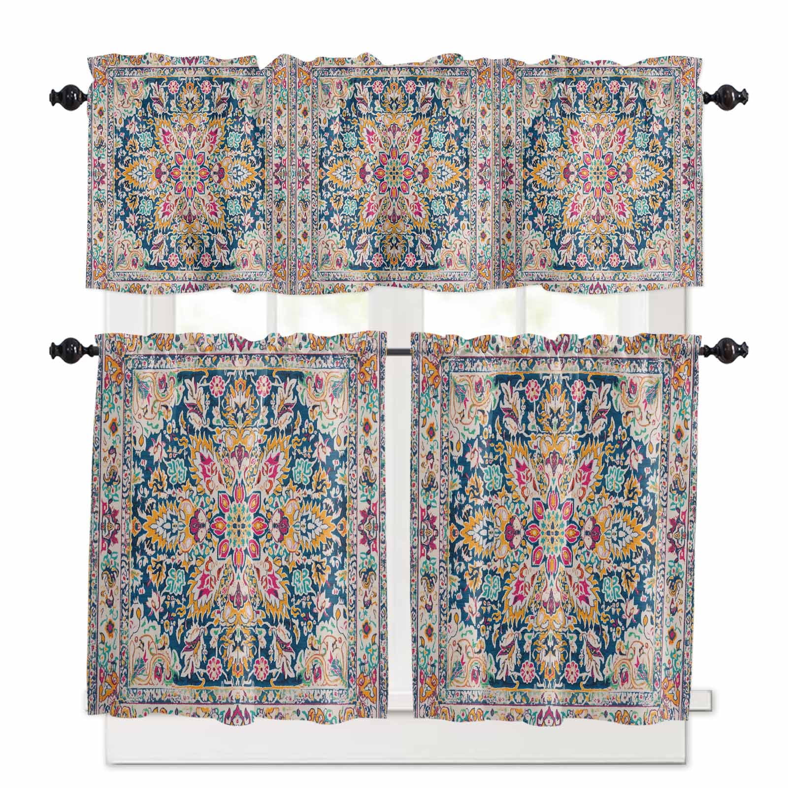 Colorful Boho Kitchen Curtains and Valances Set, 3 Piece Kitchen ...