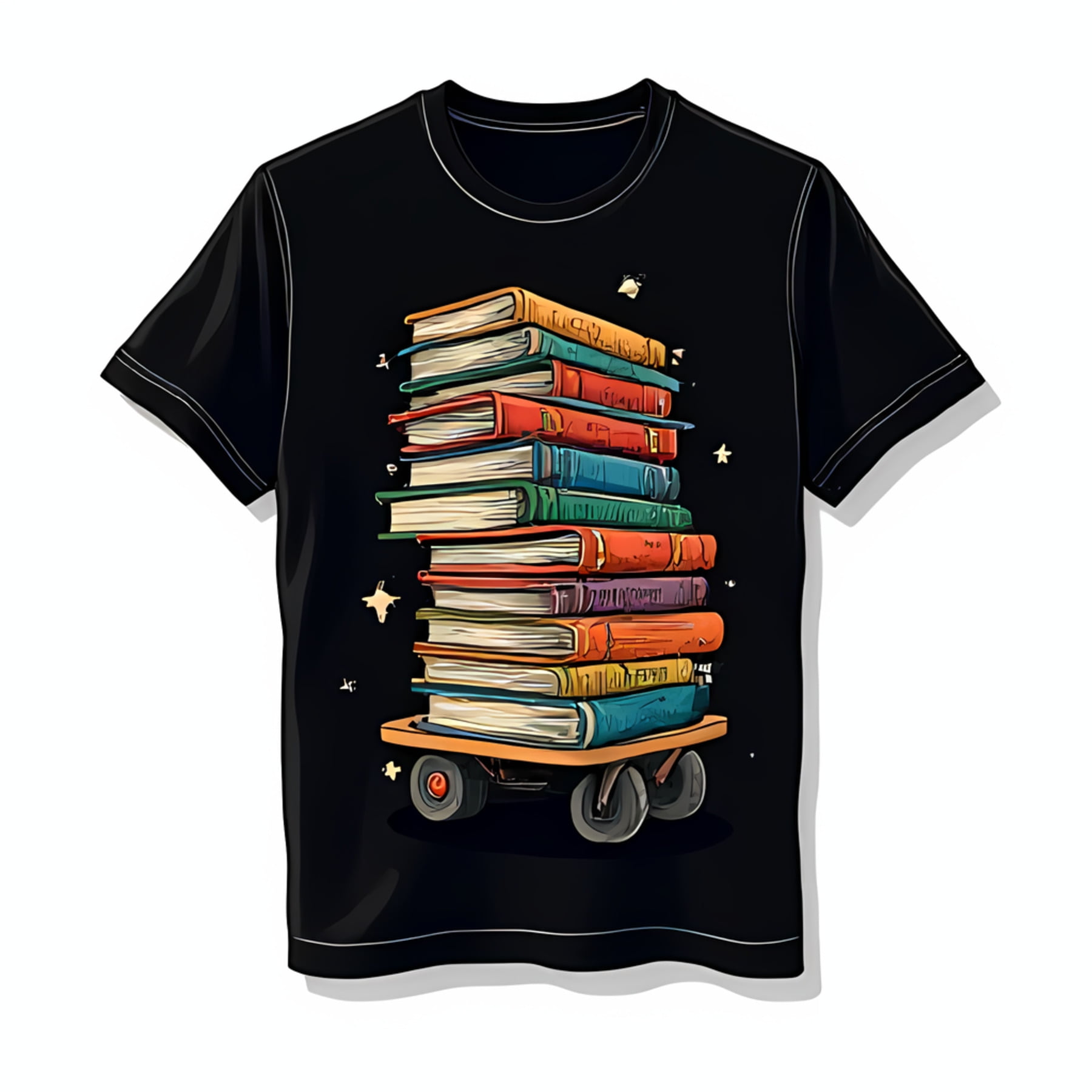 Colorful Book Stack on Skateboard Graphic Black T-Shirt for Book Lovers ...