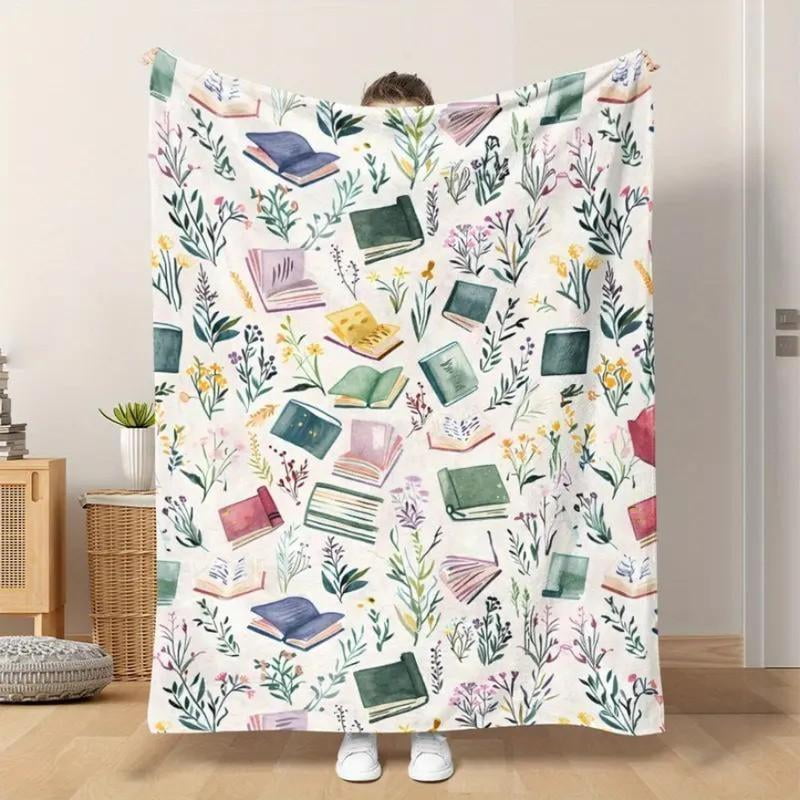 Colorful Book & Wildflower Digital Print Flannel Blanket - Soft Warm ...