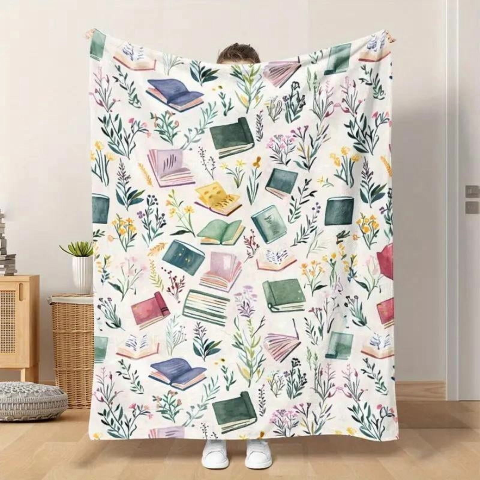 Colorful Book & Wildflower Flannel Blanket - Soft Warm Machine Washable ...