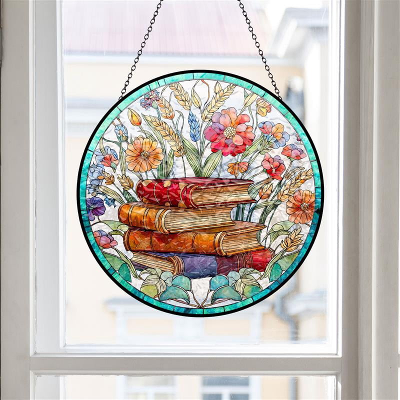 Colorful Books & Flowers Suncatcher - Vibrant Stained Glass Library Art ...