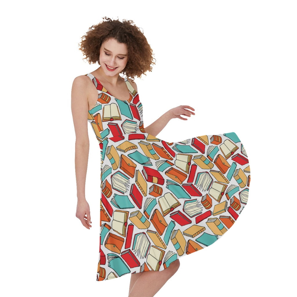 Colorful Books Pattern Print Sleeveless Knee Length Dress, Book Reading ...
