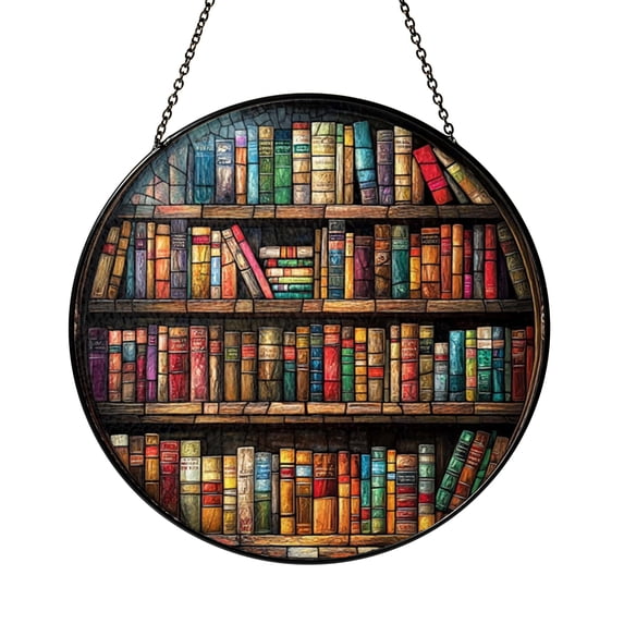 Colorful Bookshelf Stained Glass Window Hanging, Literary Suncatcher ...
