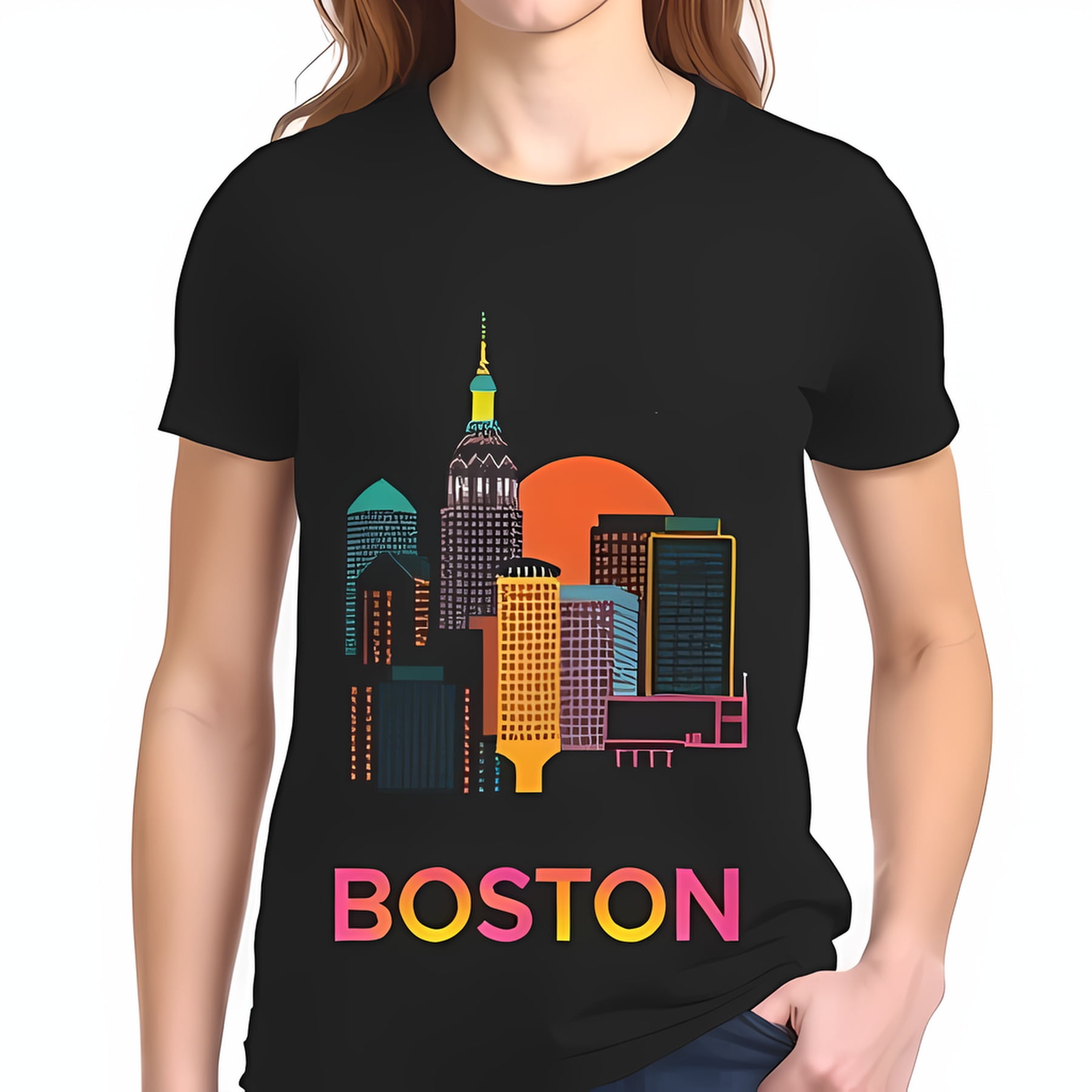 Colorful Boston Sunset Graphic T-Shirt - Vibrant Pixelated Design with ...