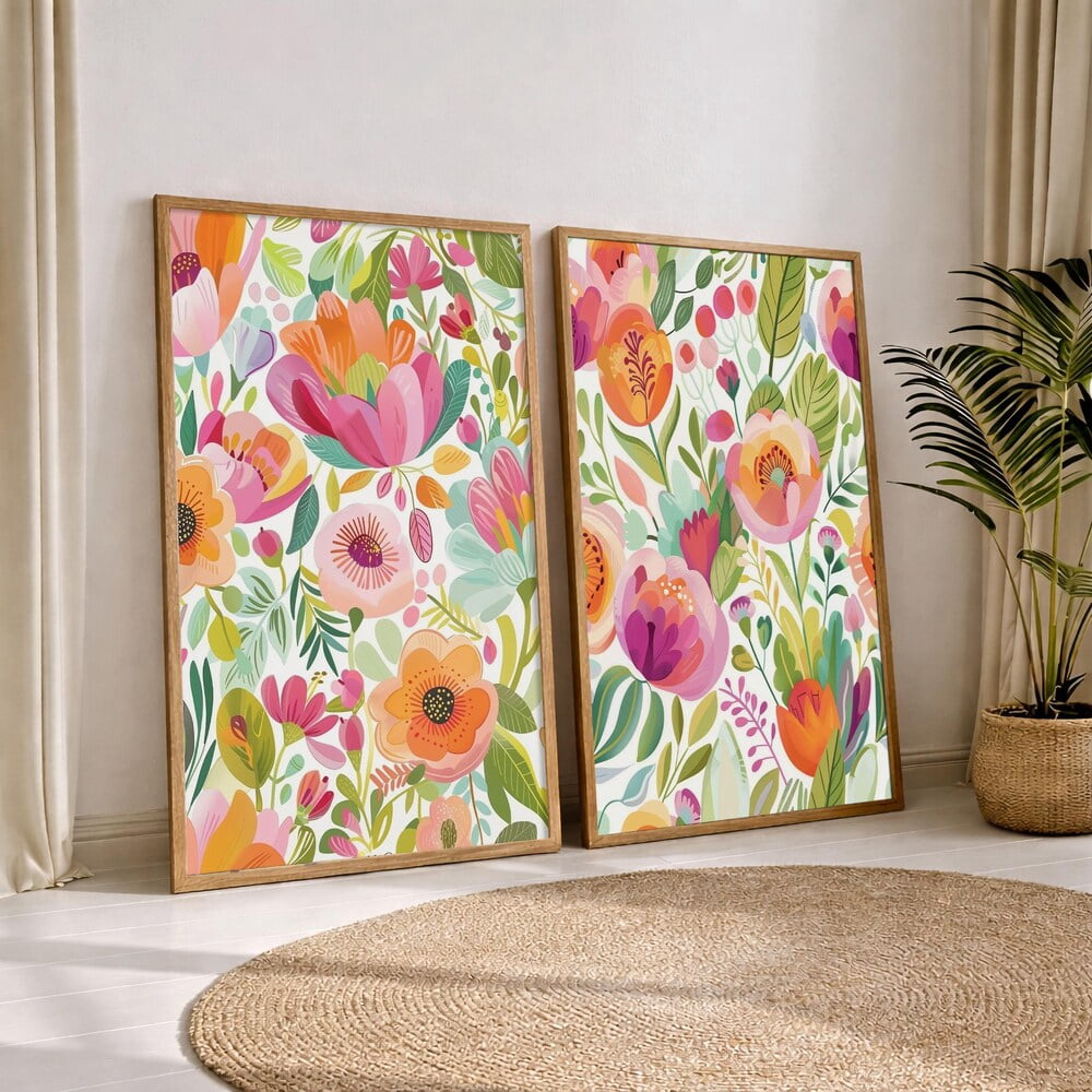 Colorful Botanical Spring Floral Modern Flower Pair Wall Art Set 2 ...