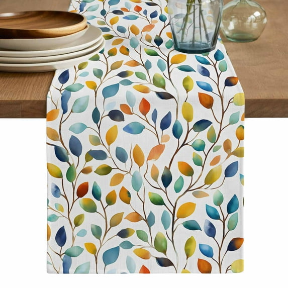 Colorful Botanical Table Runner, Pastoral Leaf Spring Summer Elegant ...