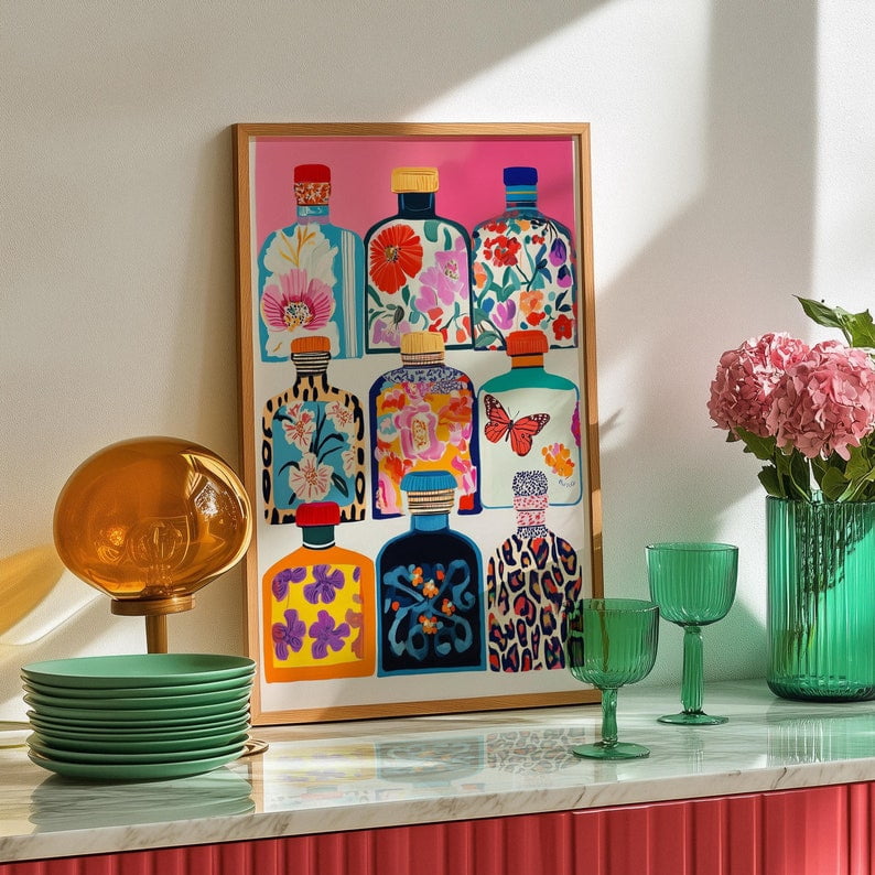 Colorful Bottles Poster Floral Leopard Maximalist Bar Cart Modern ...