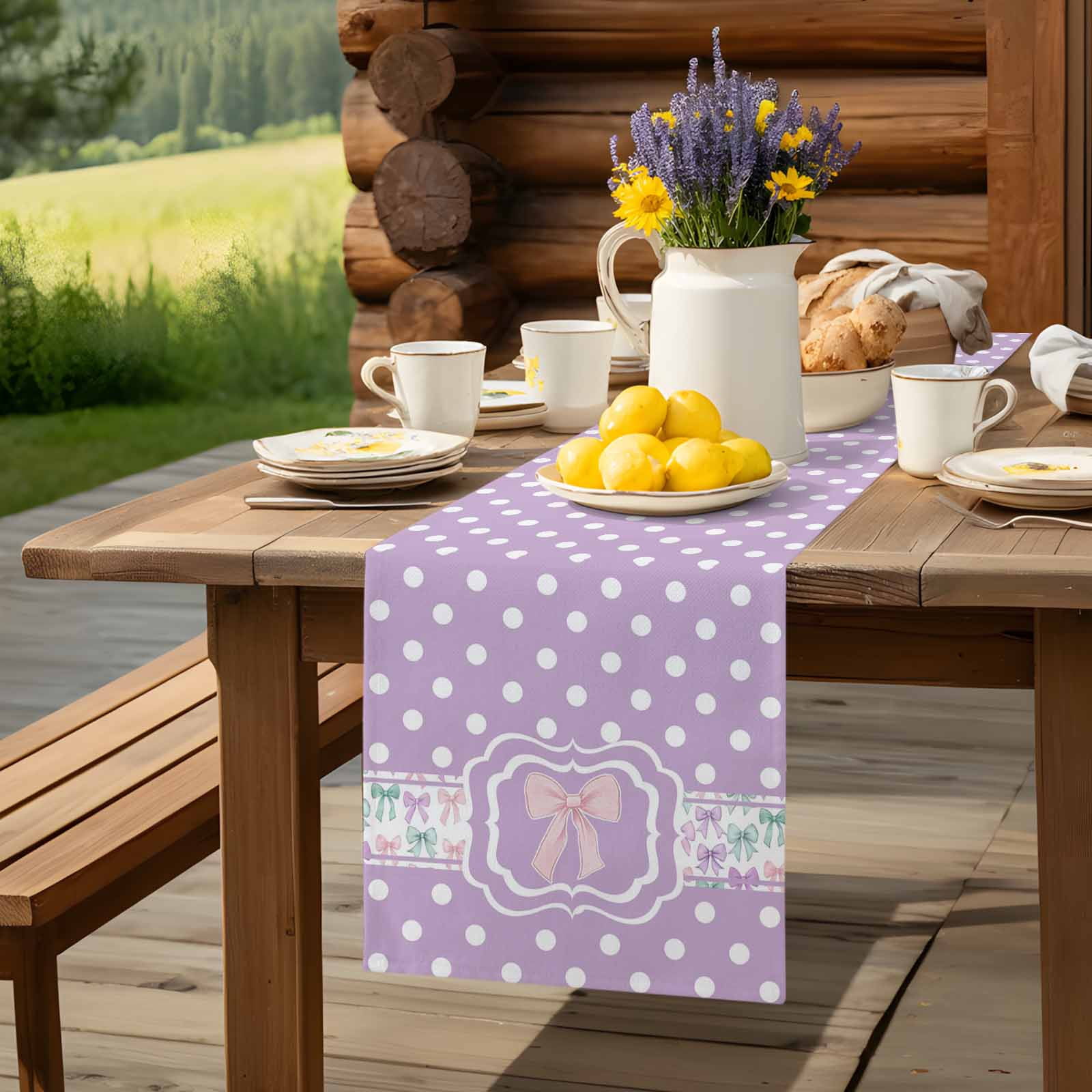 Colorful Bow White Dots on Purple Table Runner 13x70in Non-Slip Cotton ...
