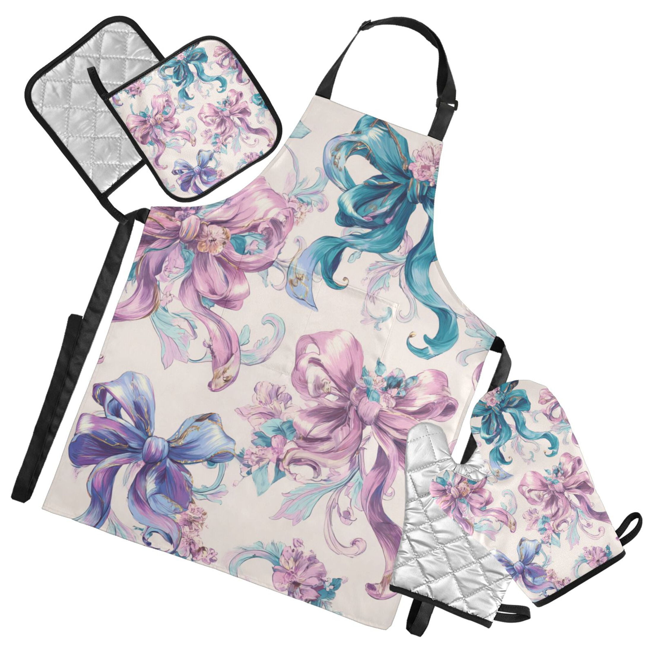 Colorful Bows Elegant Apron Set with Oven Mitts Pot Holders Set of 5 ...