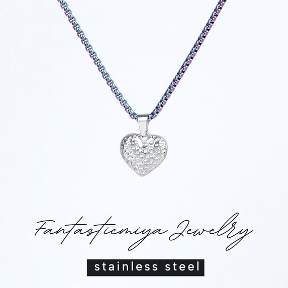 Colorful Box Chain Necklace with Textured Heart Pendant – Stainless ...