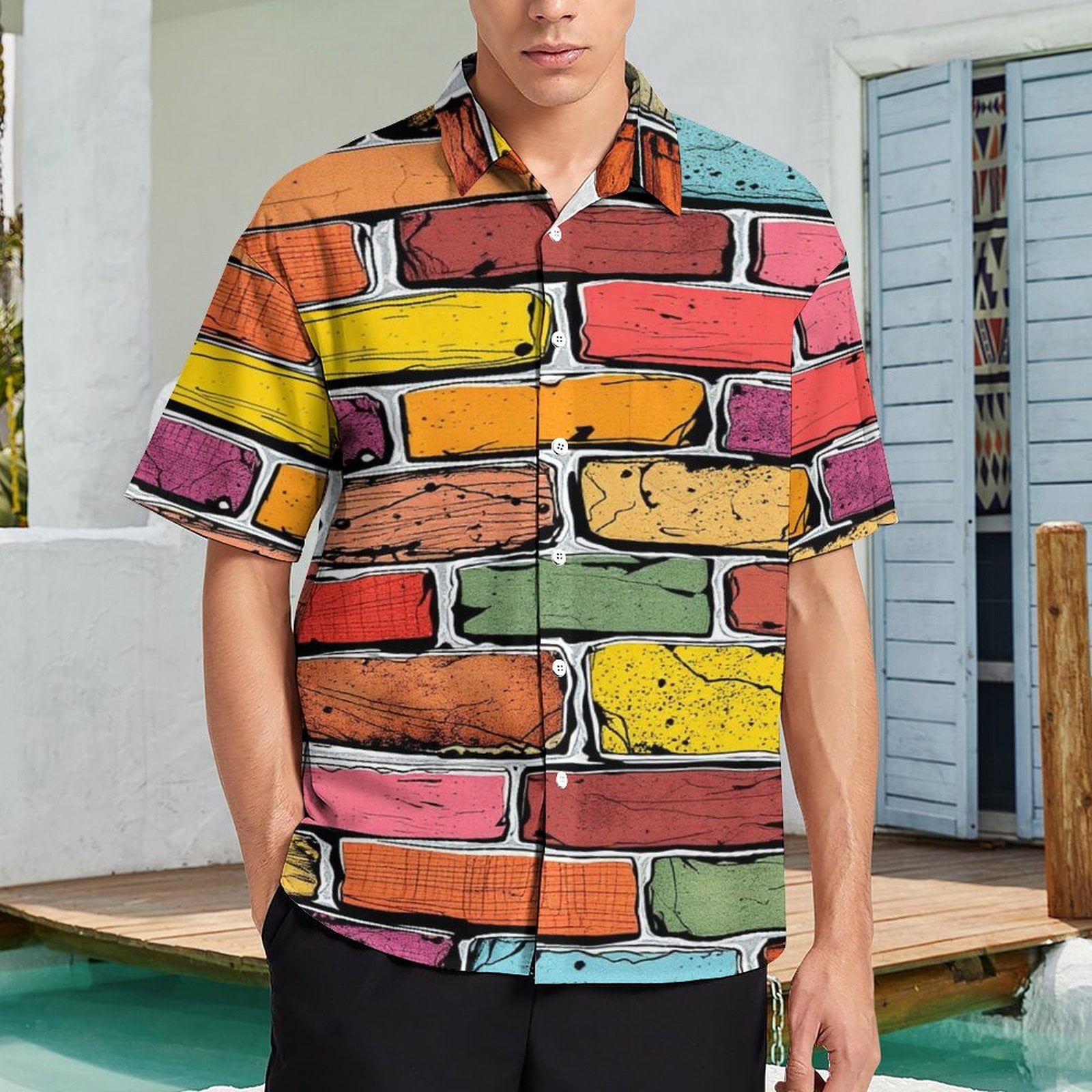 Colorful Brick Wall Shirt Casual Shirts Men Cool Blouses Short-Sleeve ...