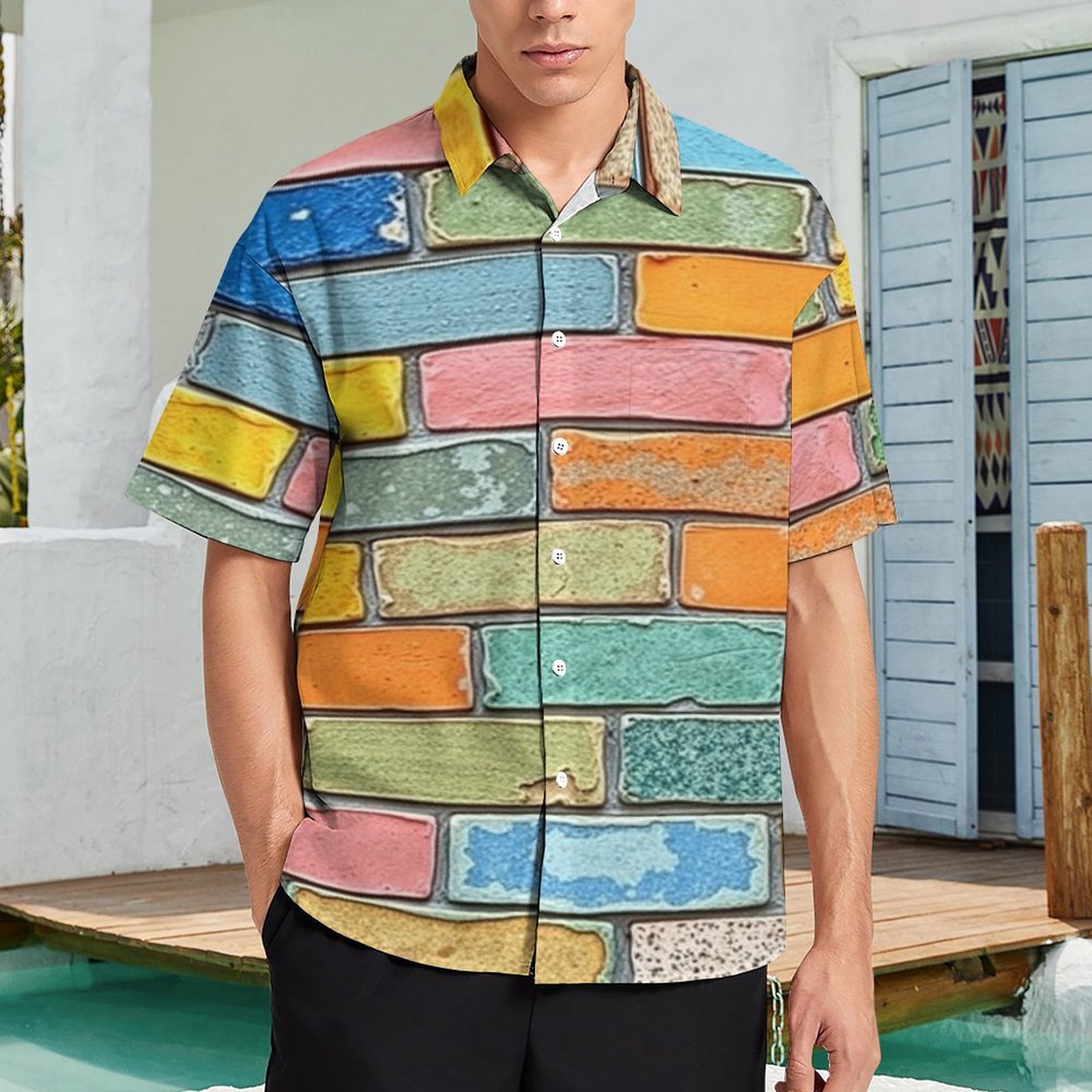 Colorful Brick Wall Shirt Casual Shirts Men Cool Blouses Short-Sleeve ...