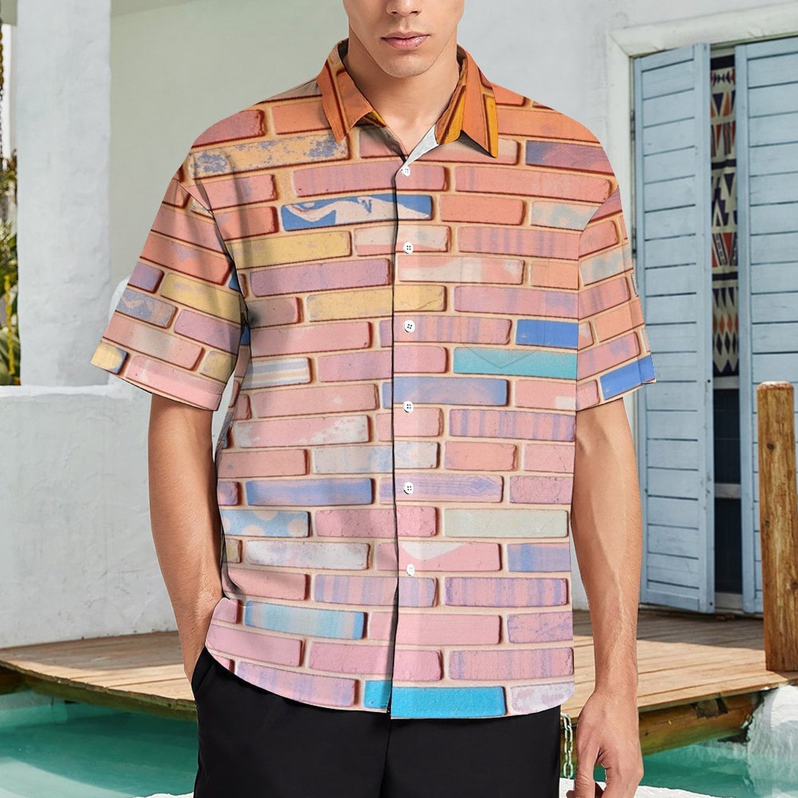 Colorful Brick Wall Shirt Casual Shirts Men Cool Blouses Short-Sleeve ...