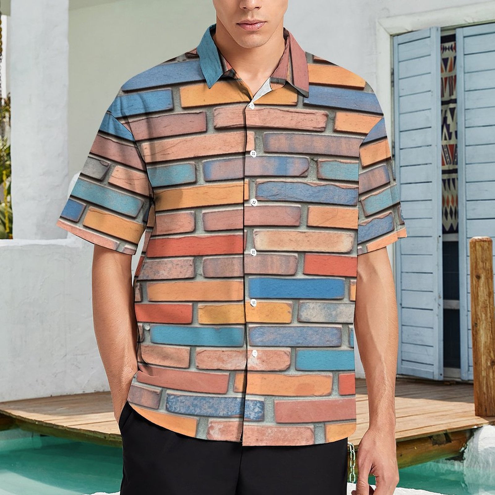 Colorful Brick Wall Shirt Casual Shirts Men Cool Blouses Short-Sleeve ...