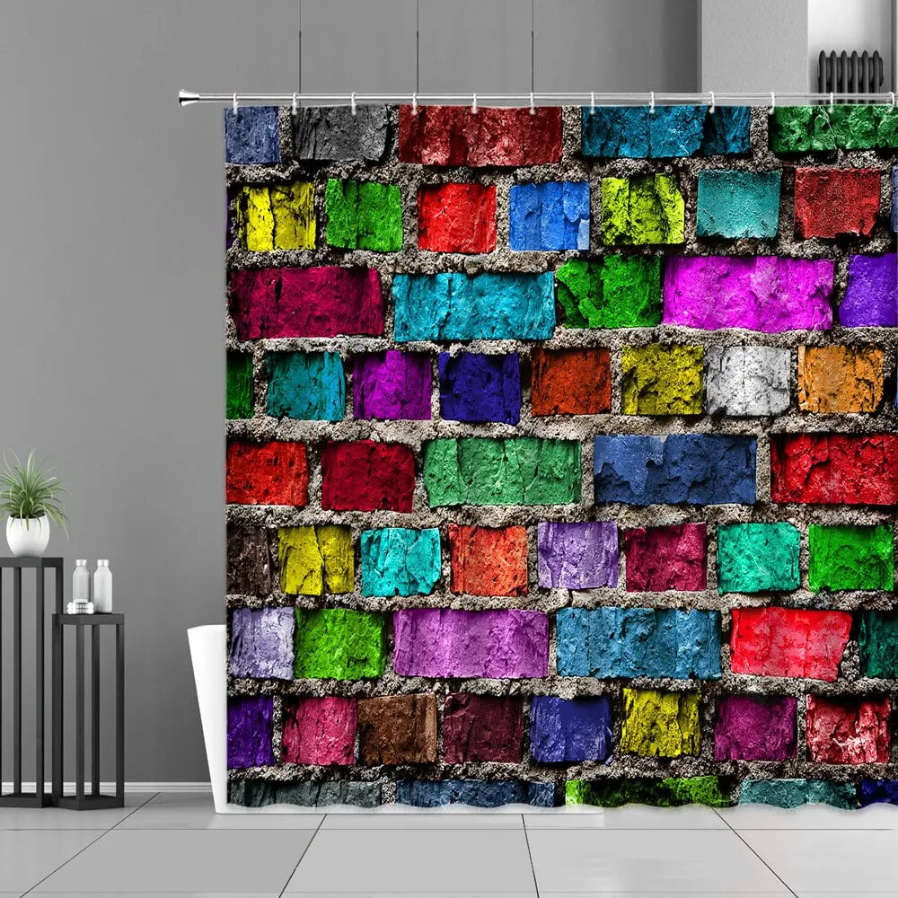 Colorful Brick Wall Shower Curtains Floral Plant Stone Walls Print Bath ...