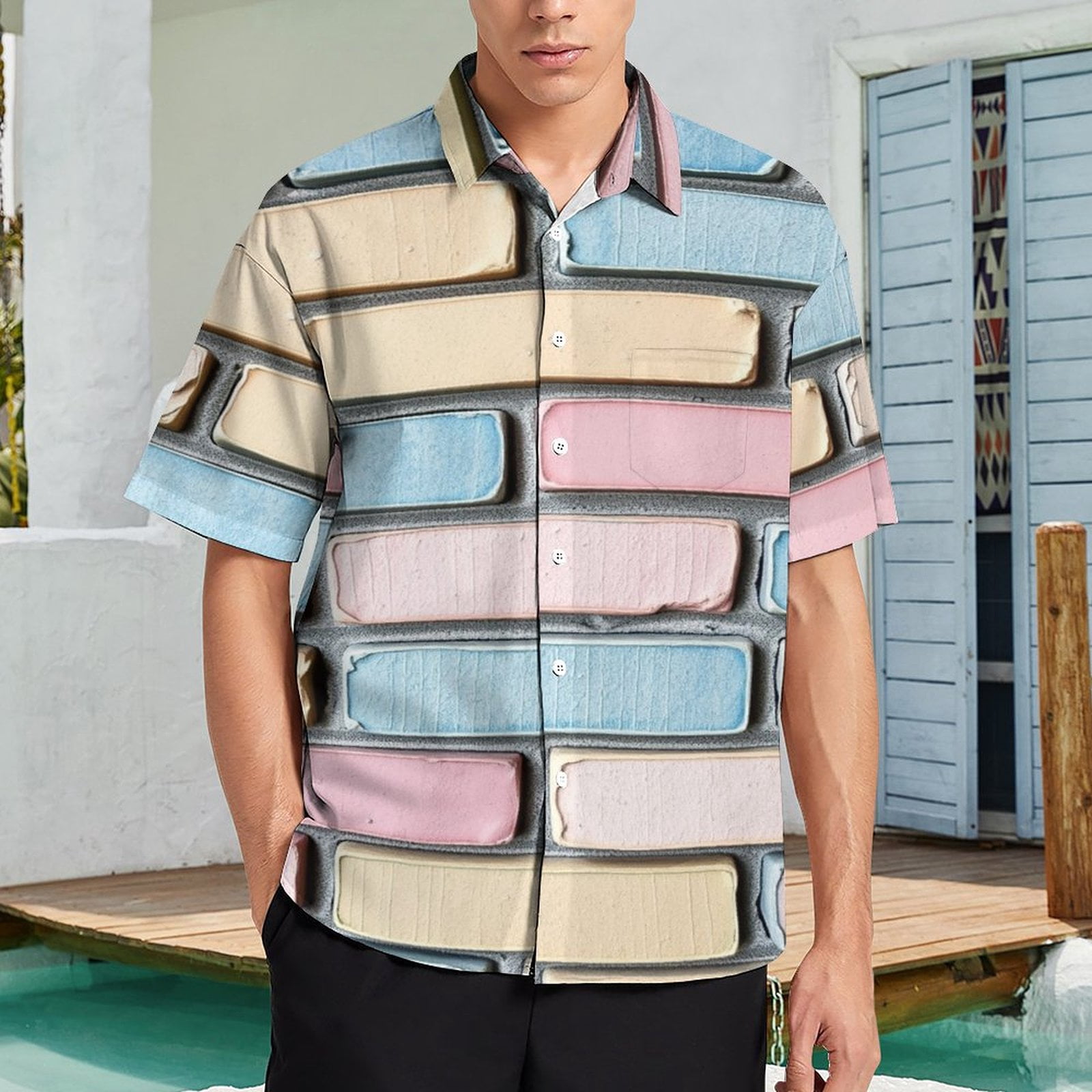 Colorful Brick Wall Summer Shirt For Mens Vacation Casual Shirts Short ...
