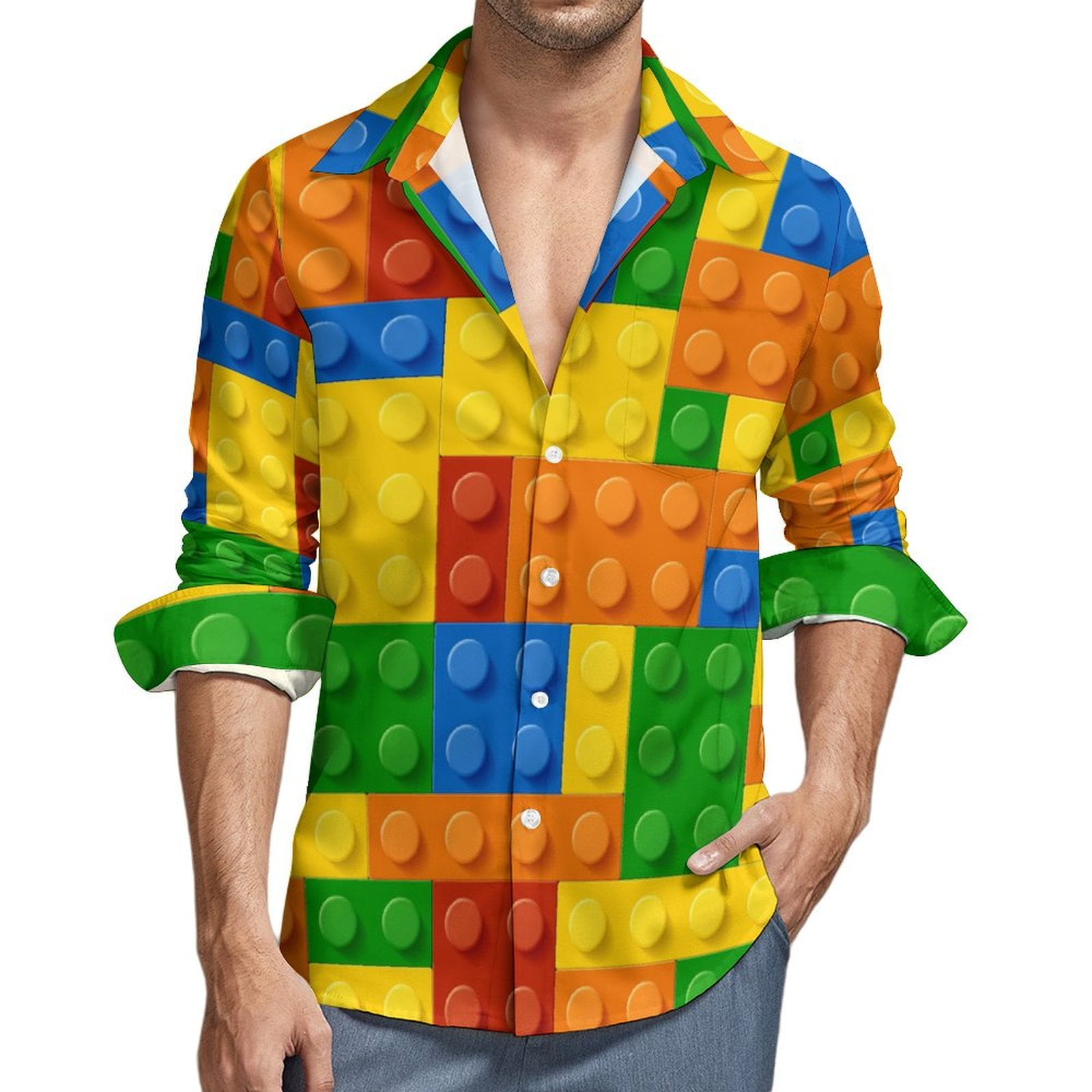 Colorful Bricks Design Hawaiian Shirt for Men Long Sleeve Button Down ...