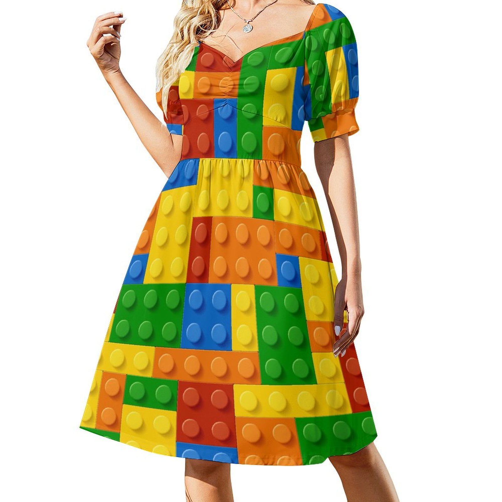 Colorful Bricks Design Short Sleeve Dress Clothes Women's Summer Dress ...