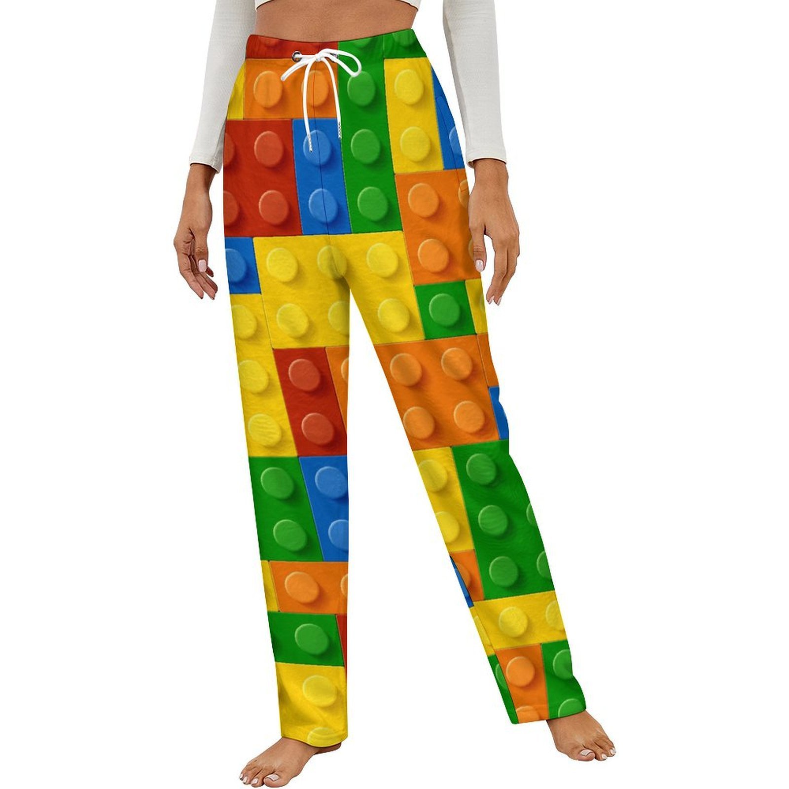 Colorful Bricks Design Winter Female Pants Flannel High Waist Women ...