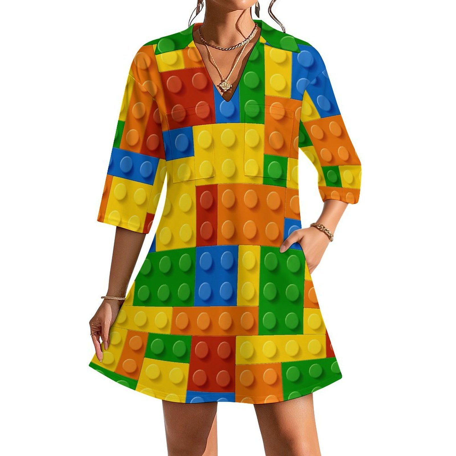 Colorful Bricks Design Womens Dress With Pockets Summer V Neck 3/4 ...