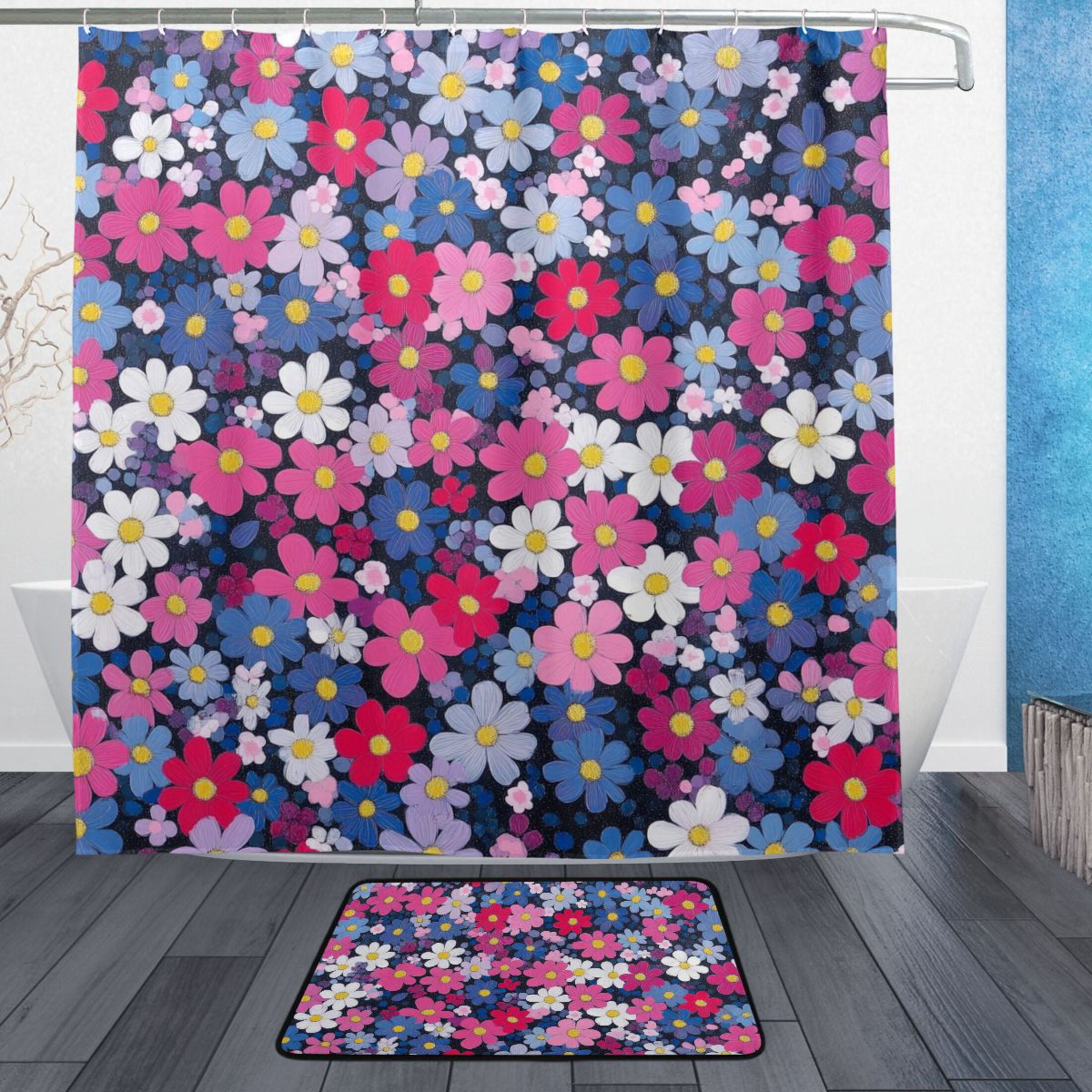 Colorful Bright Simple Flowers 2 Pcs Bathroom Shower Curtain Set with ...
