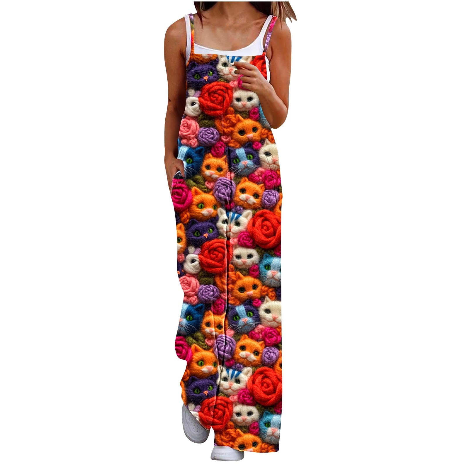 Colorful Brunch Jumpsuits for Ladies Summer Fall Cat Rose Floral Loose ...