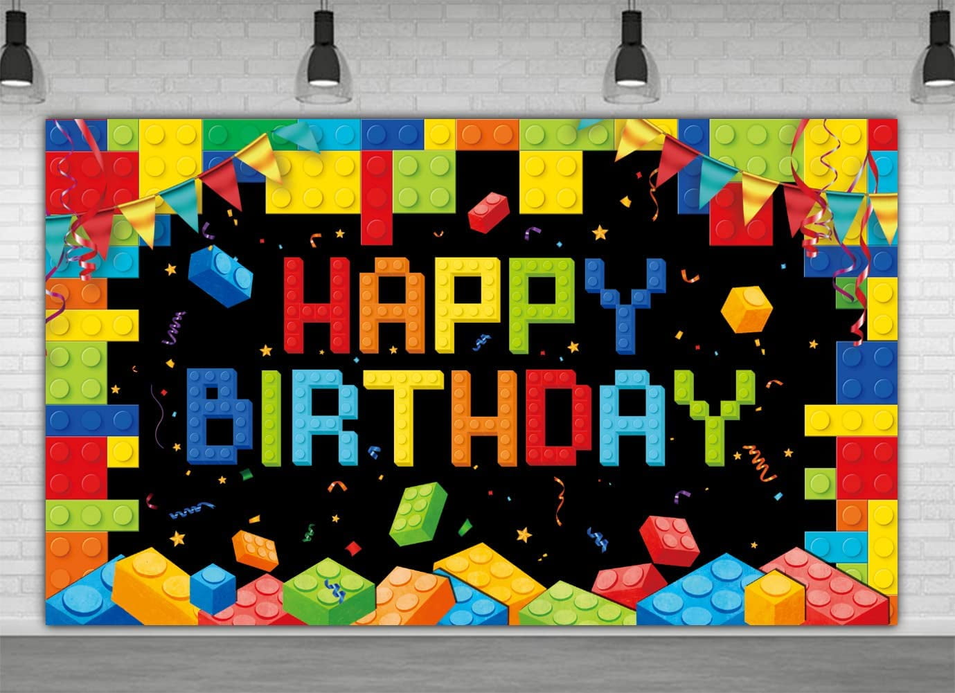 Colorful Building Blocks Happy Birthday Banner Backdrop Party Supplies ...