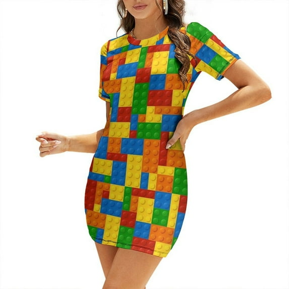Colorful Building Bricks Small Plastic Blocks Short Sleeve Dress ...