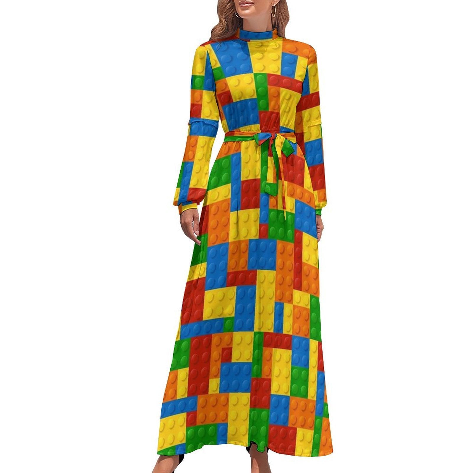Colorful Building Bricks Small Plastic Blocks Women's Long Dress Long ...