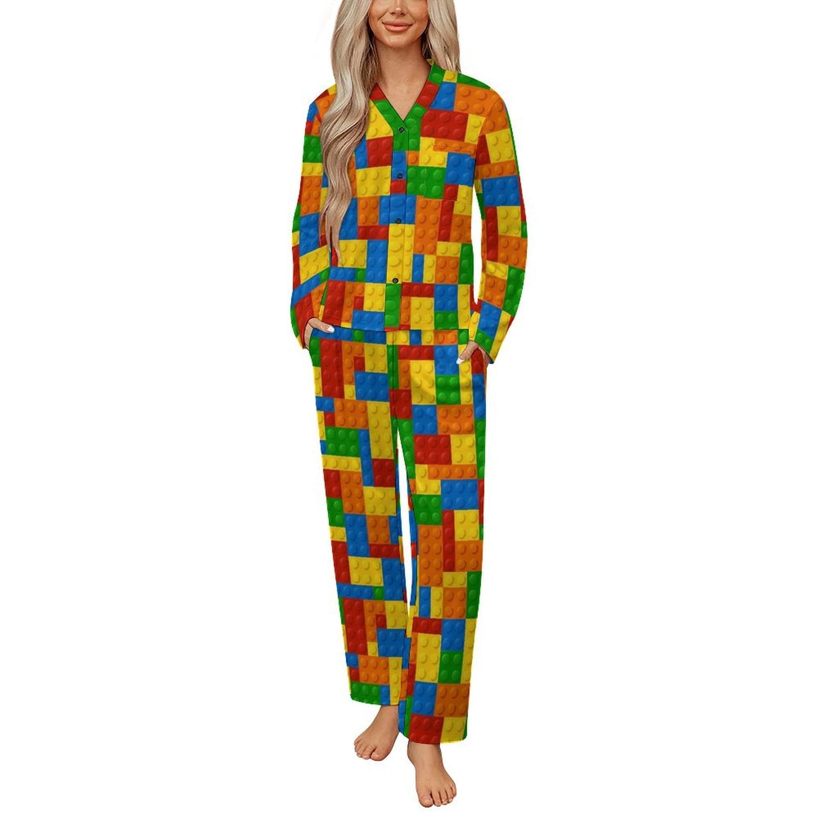 Colorful Building Bricks Small Plastic Blocks Womens Pyjamas Set Button ...