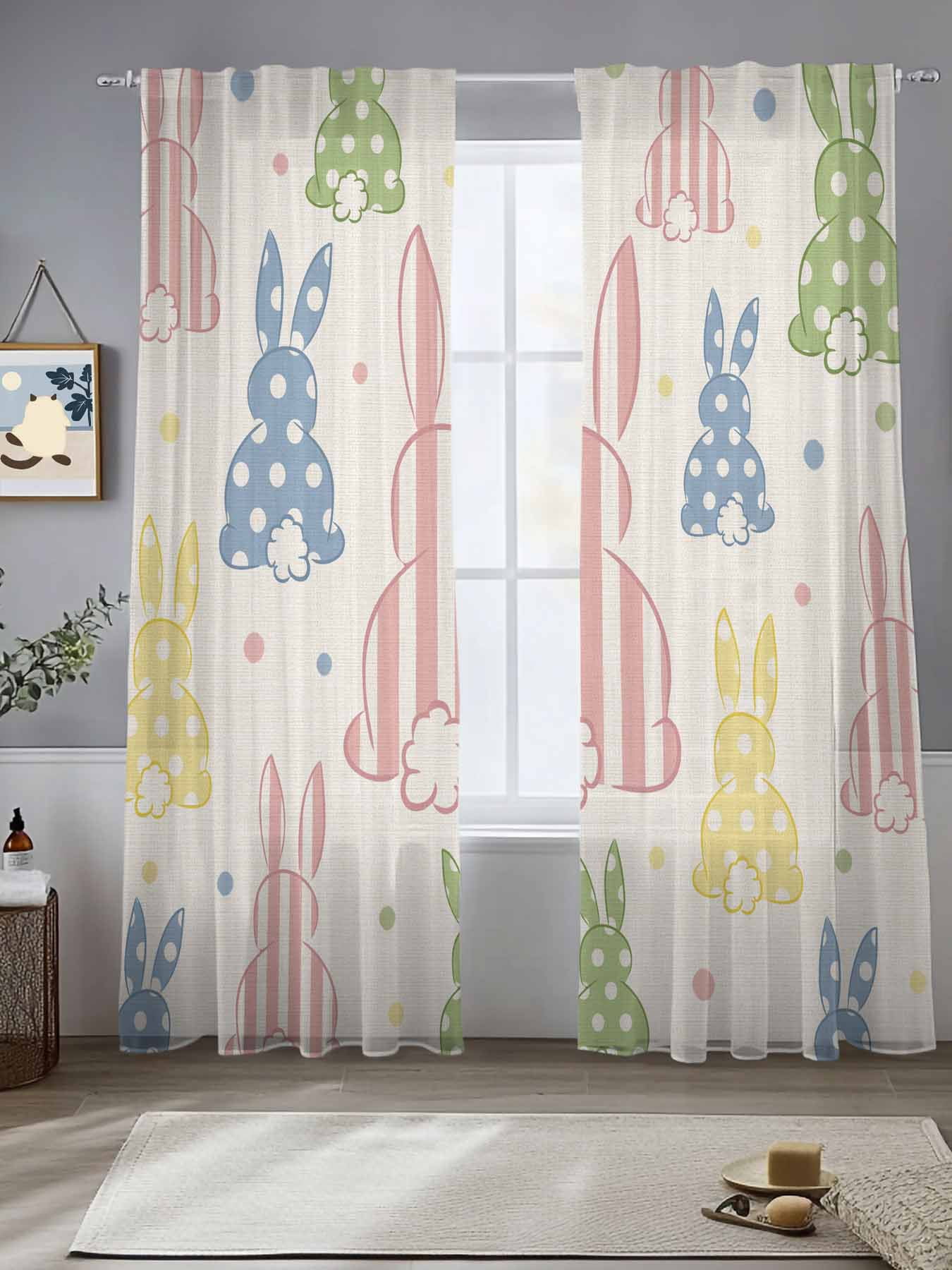 Colorful Bunny Sheer Curtains for Living Room Bedroom Stripes Polka Dot ...