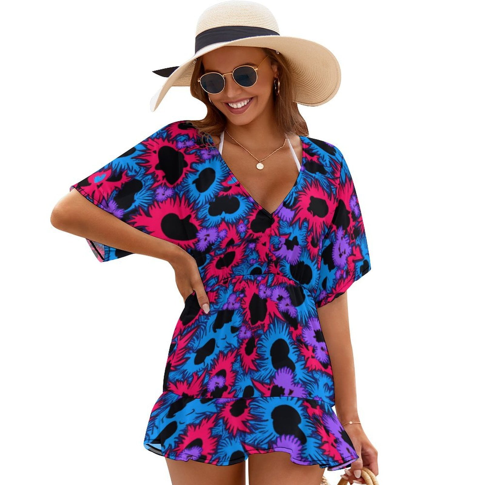 Colorful Burst Pattern on Black Beach Cover Ups Women V Neck Short ...