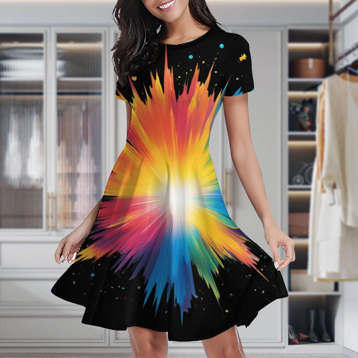 Colorful Burst Tie-Dye Design Women's Classic Swing Skater Dress Casual ...