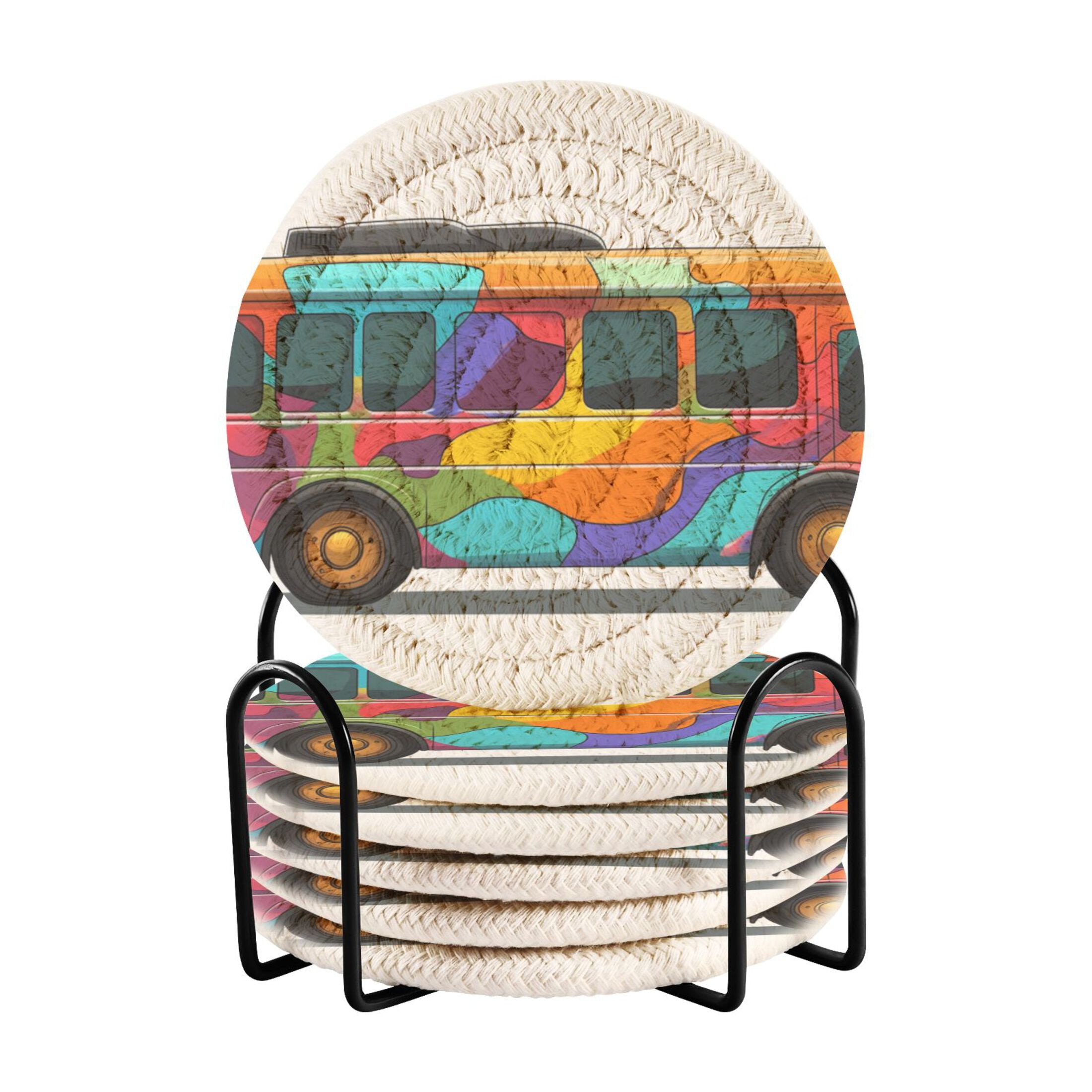 Colorful Bus Coasters with Holder for Coffee Table 6 Pcs Drink Coaster ...