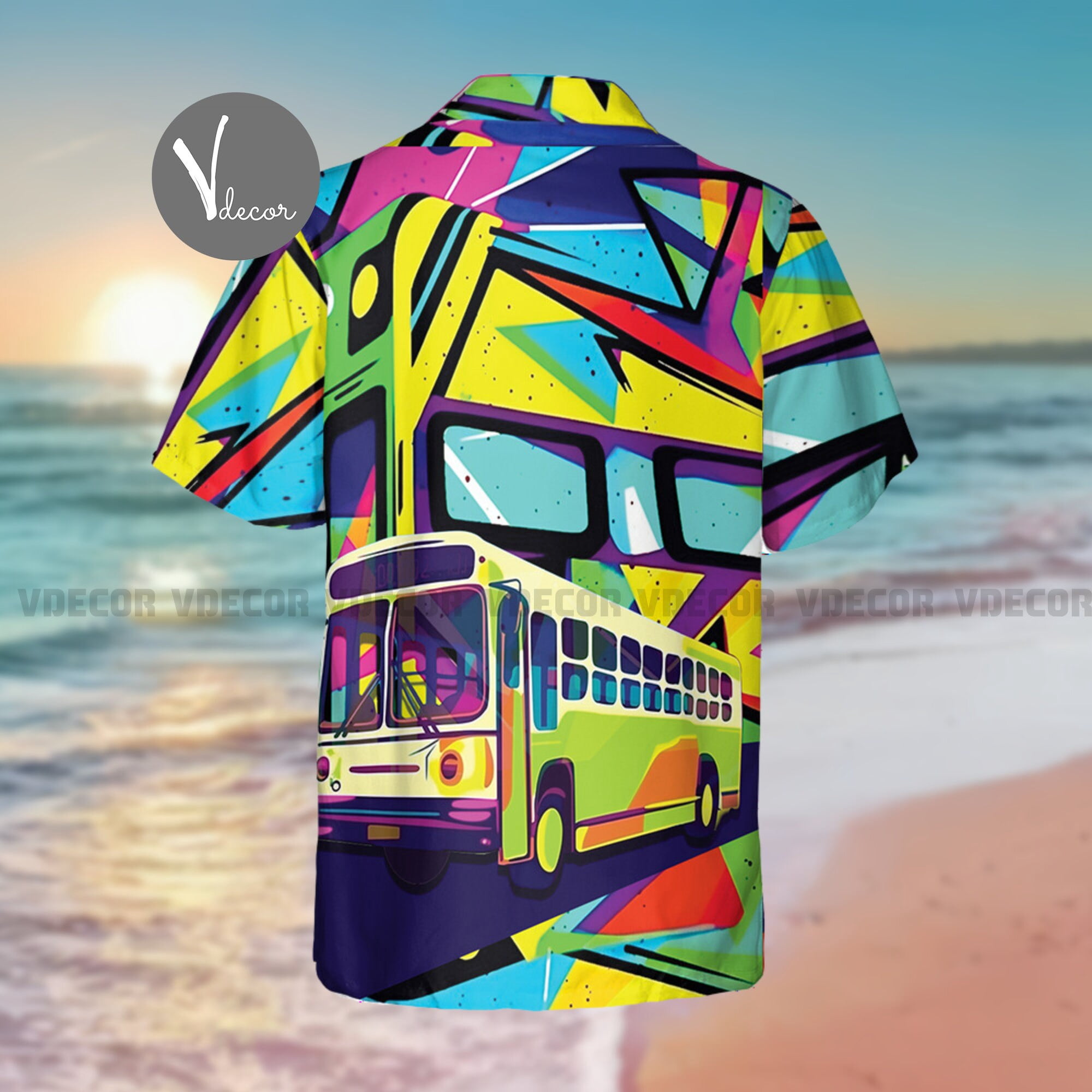 Colorful Bus Hawaiian Shirt, Bus Lover Summer Shirt, 3D Aloha Shirt ...