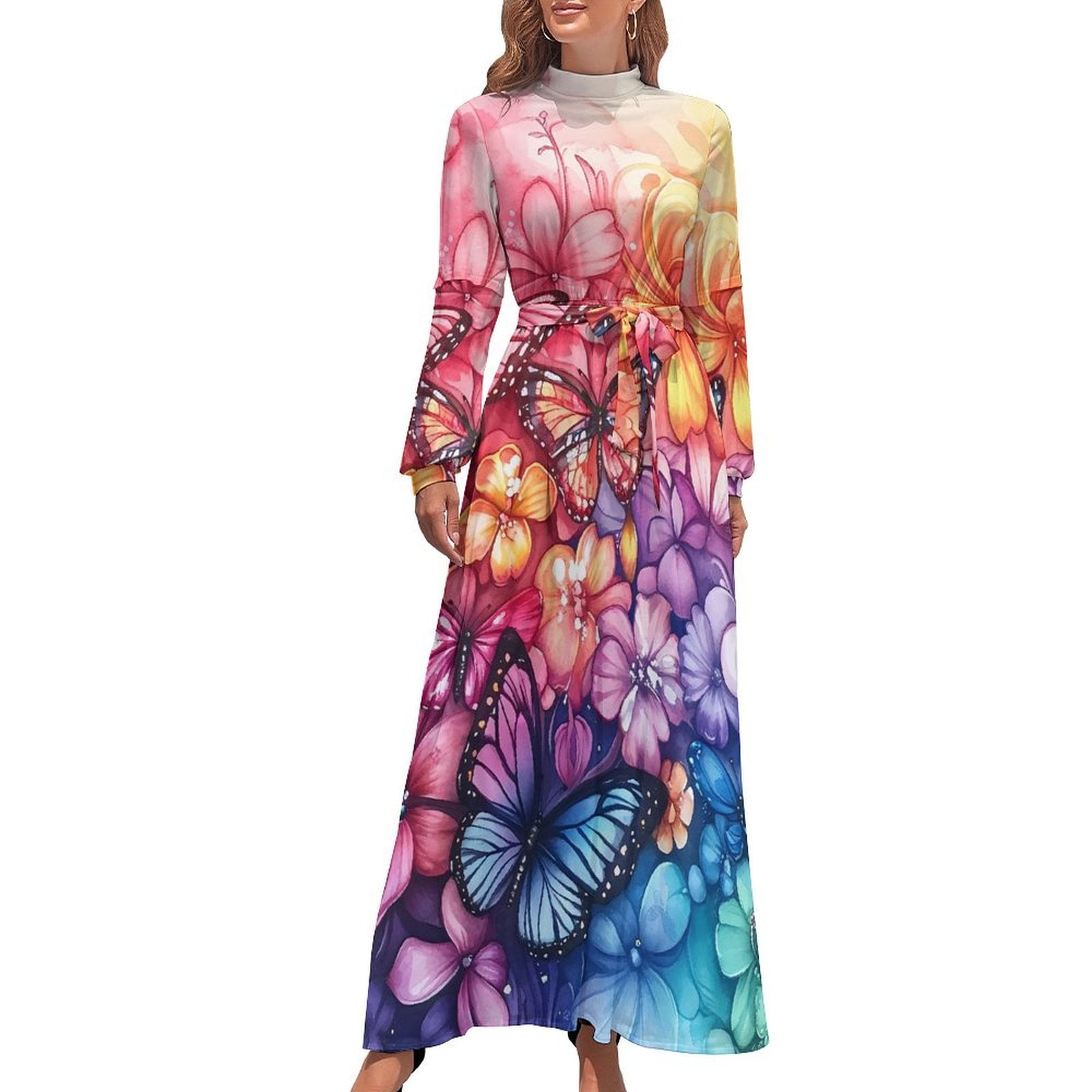 Colorful Butterflies And Flowers Women's Fall Maxi Dress Long Sleeve ...