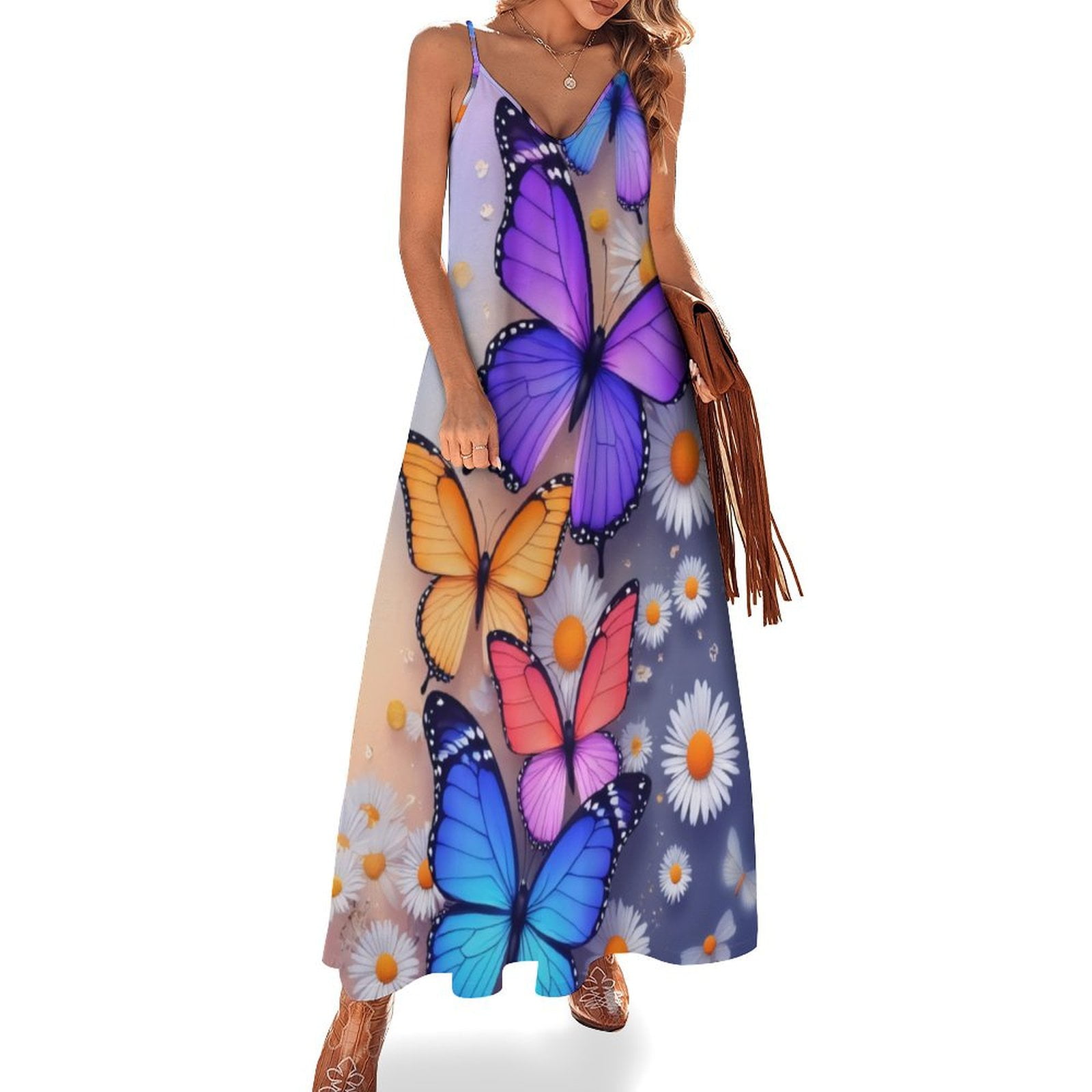 Colorful Butterflies & Daisies Print Fine Art Sleeveless Dress Summer ...