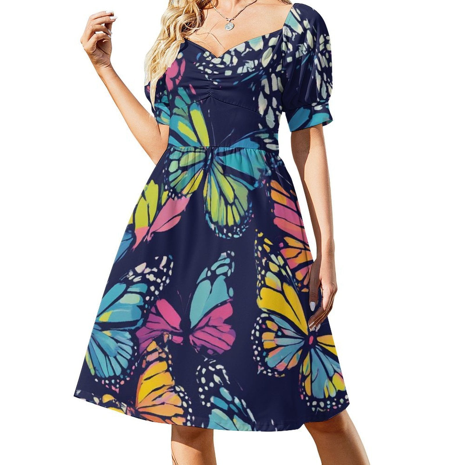 Colorful Butterflies Dark Background Pattern Short Sleeve Dress Clothes ...