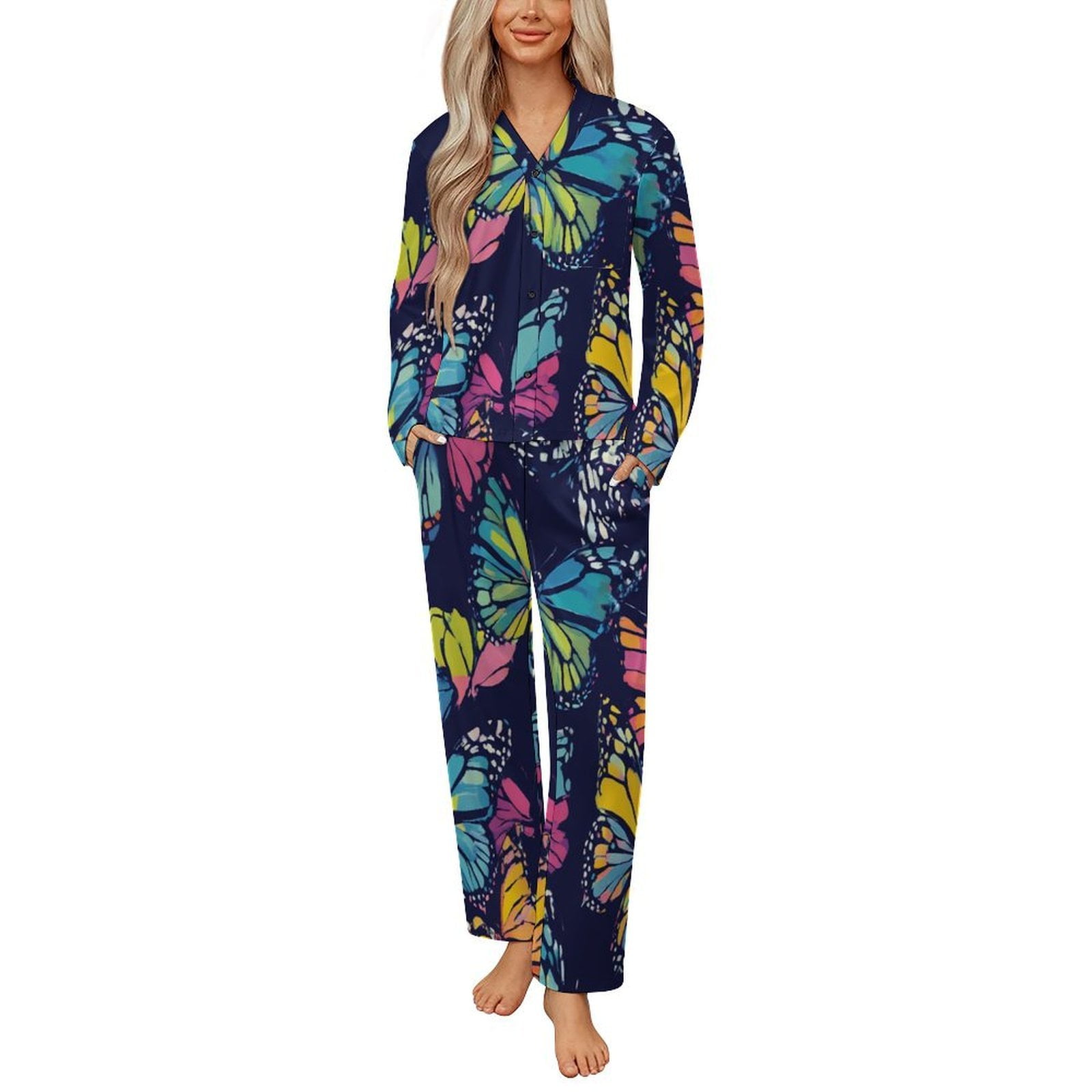 Colorful Butterflies Dark Background Pattern Womens Pyjamas Set Button ...