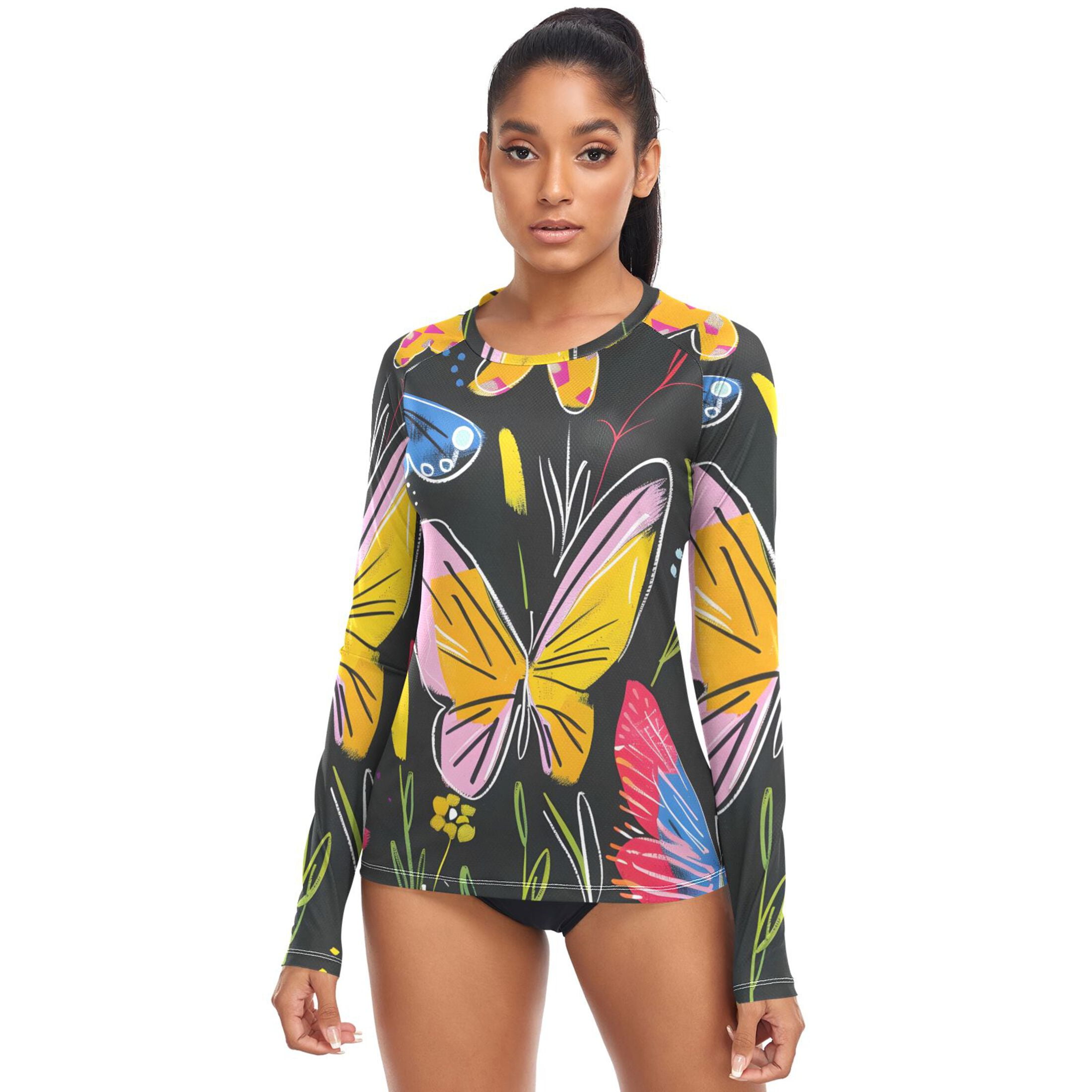 Colorful Butterflies Flowers Leaves Doddle Style Women's Rash Guard ...