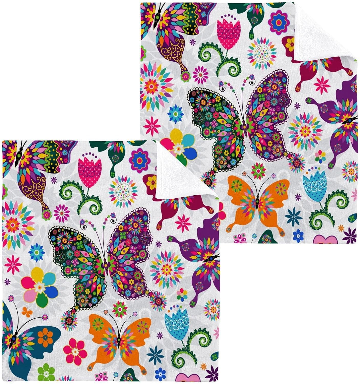 Colorful Butterflies and Flowers Washcloth 12x12in Set, 4 Pack ...