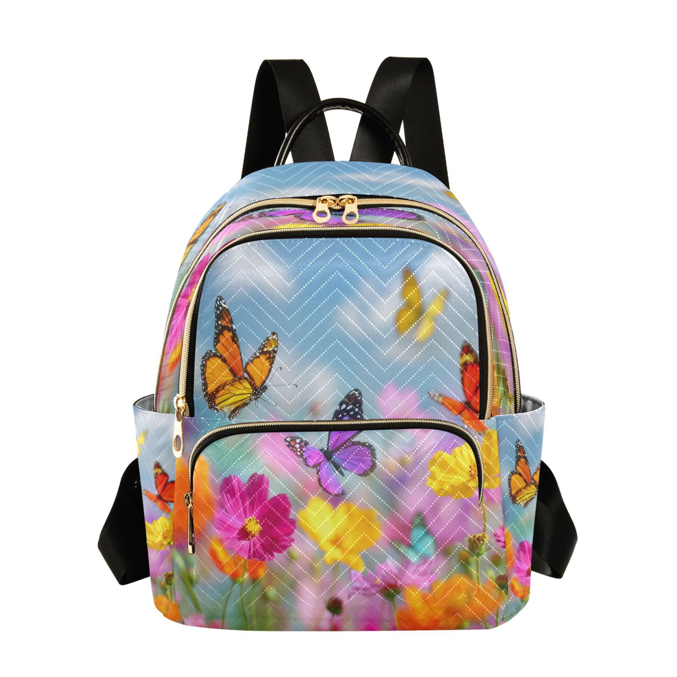 Colorful Butterflies Flying Spring Flowers Quilted Backpack Fashion ...