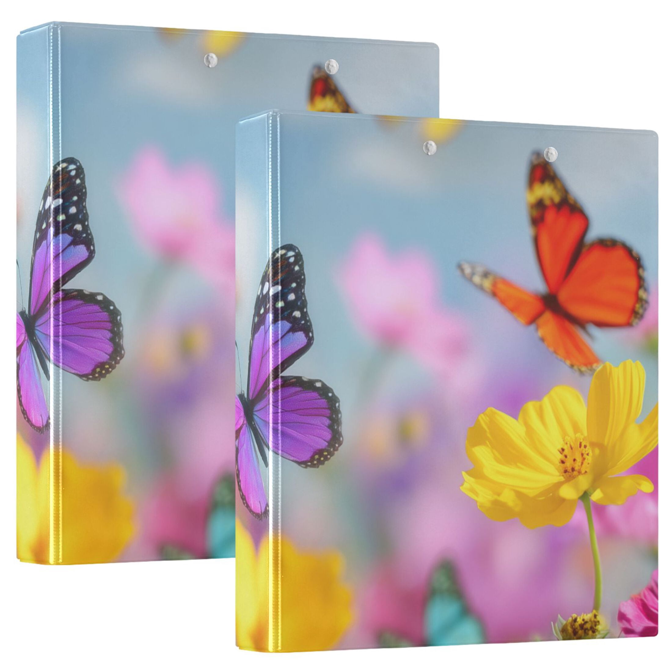 Colorful Butterflies Flying Spring Flowers Round Ring Binder 3 Rings 1. ...