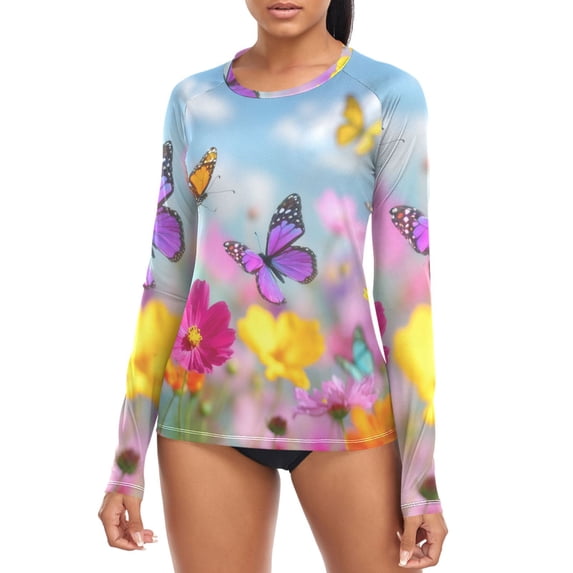 Colorful Butterflies Flying Spring Flowers Women's Rash Guard Shirts ...