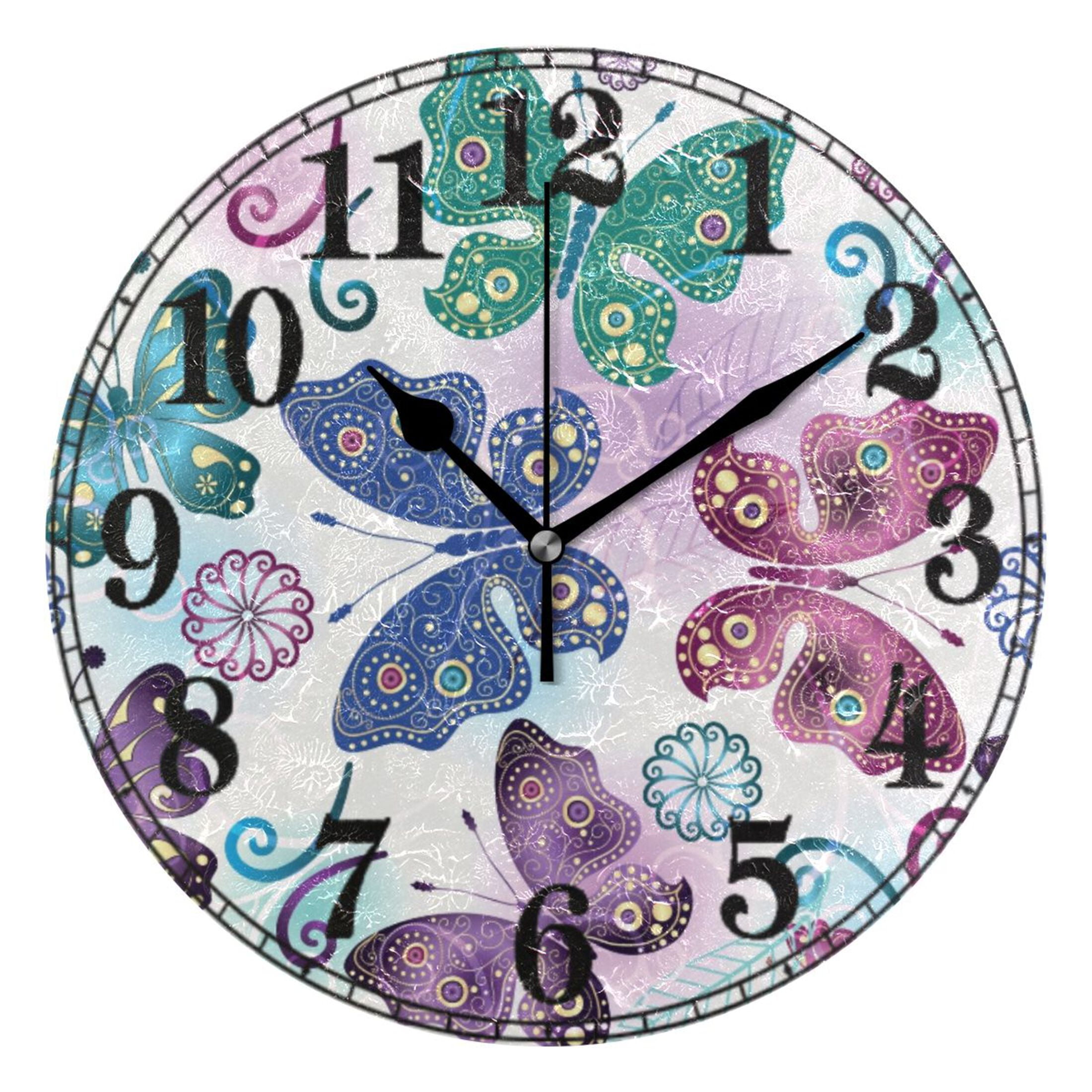 Colorful Butterfly 10" Silent Wall Clock Non-Ticking Battery Clocks ...