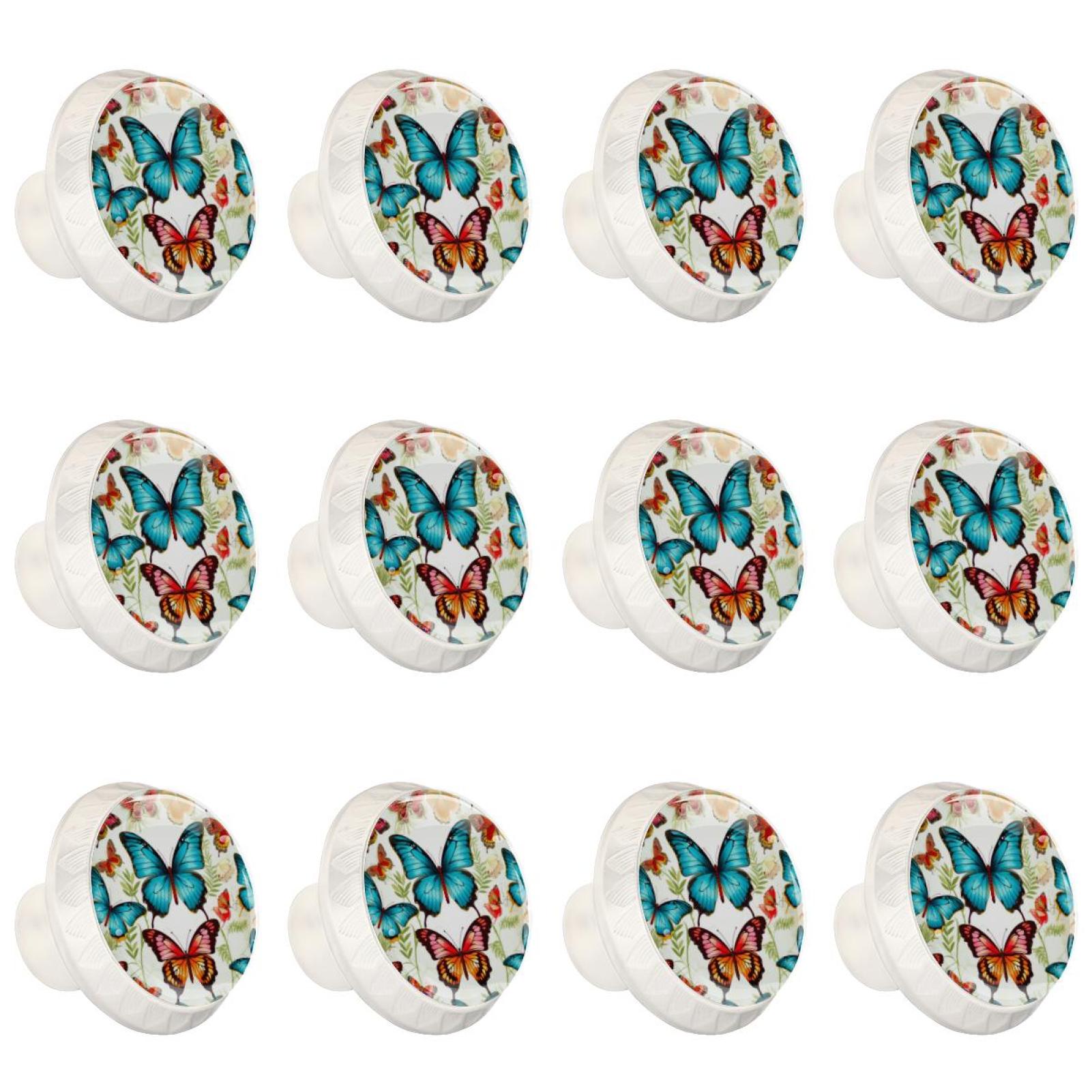 Colorful Butterfly 12 Pcs White Round Drawer Pulls with Screws,ABS and Glass Cabinet Handles for ...