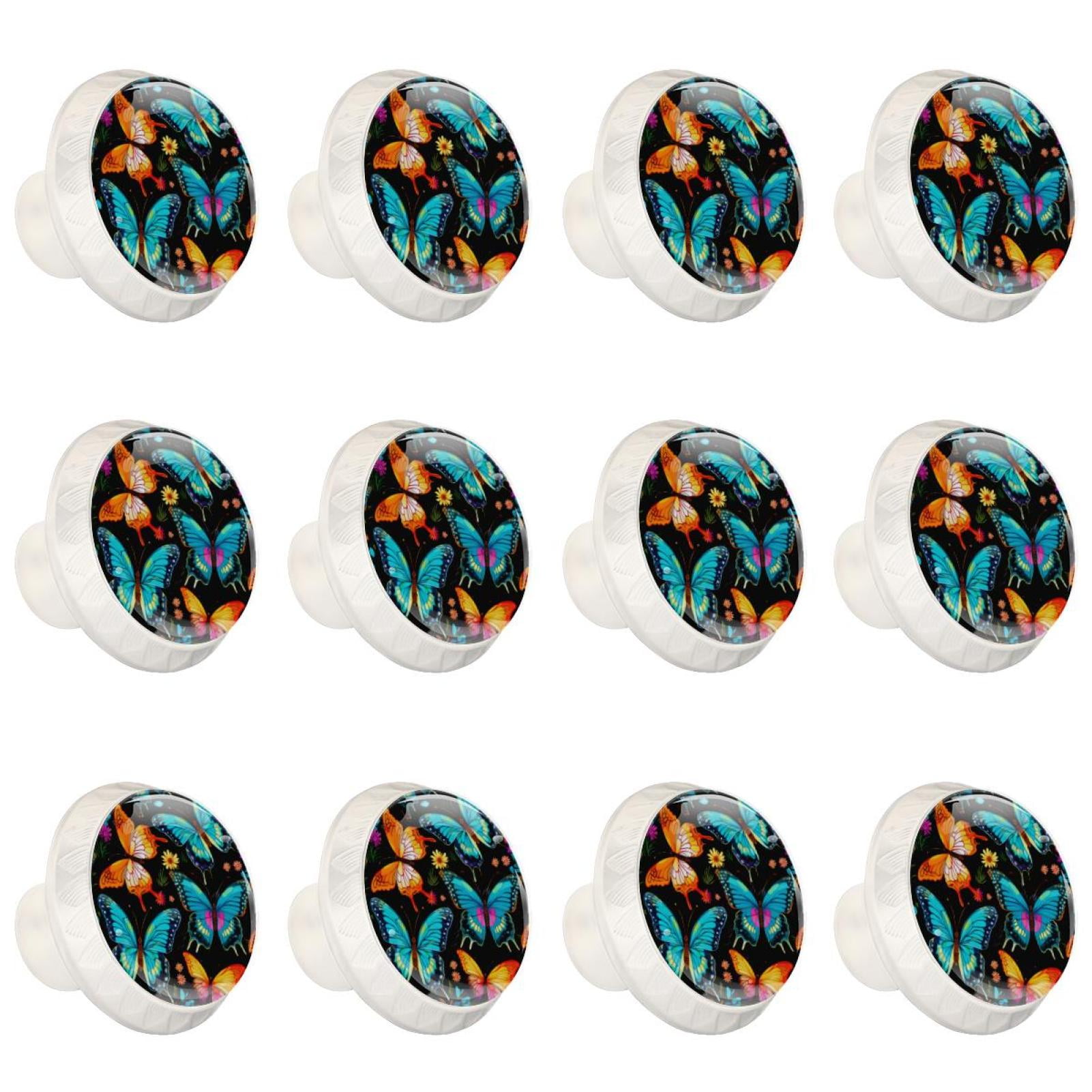 Colorful Butterfly 12 Pcs White Round Drawer Pulls with Screws,ABS and Glass Cabinet Handles for ...
