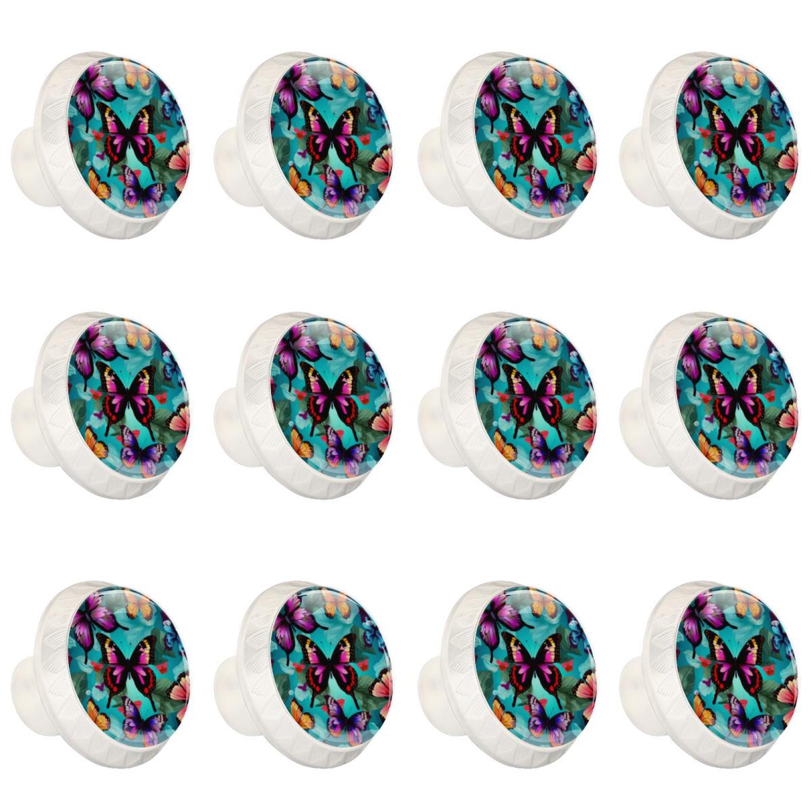 Colorful Butterfly 12 Pcs White Round Drawer Pulls with Screws,ABS and Glass Cabinet Handles for ...